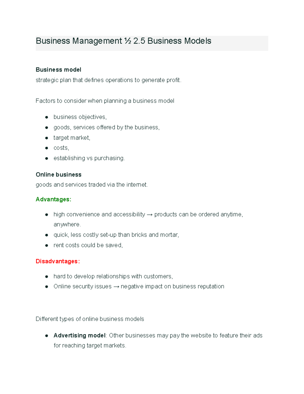 BM 1 2 2.5 Business Models - Business Management ½ 2 Business Models ...