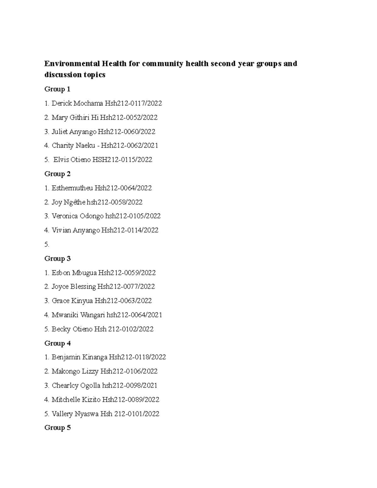 Groups and assignments - Environmental Health for community health ...