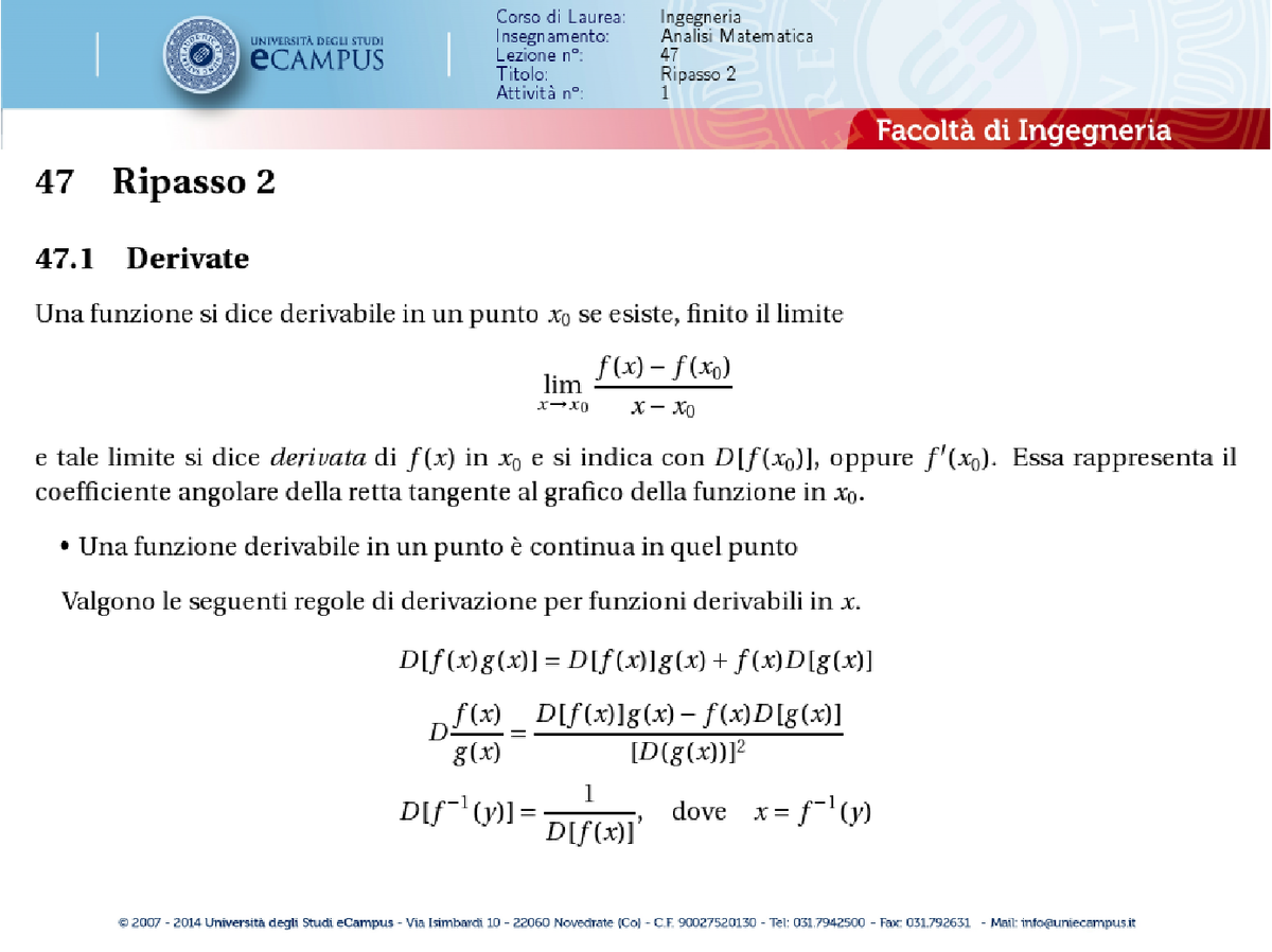 Analisi Ripasso 2 - Corso di Laurea: Insegnamento: Lezione n ° : Titolo: Attività n ° : I ...