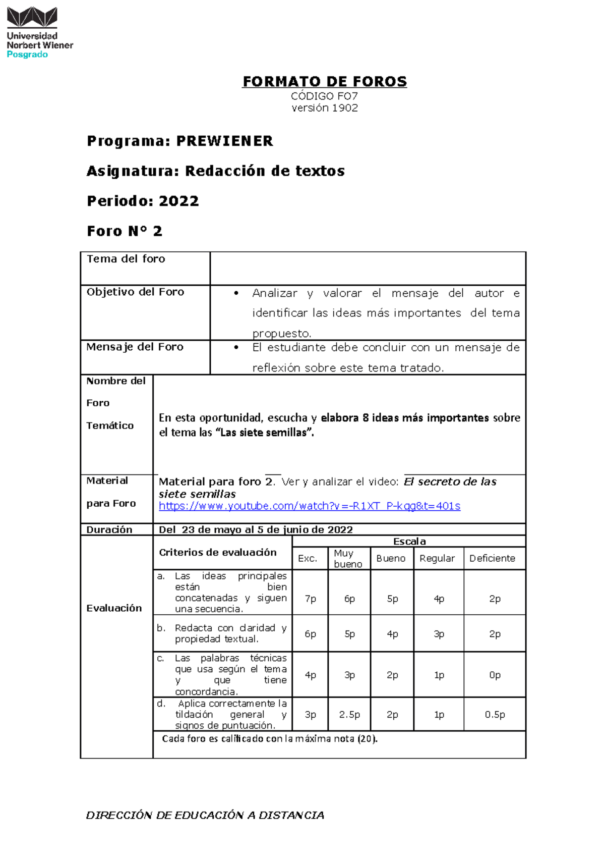 PreWiener - Taller de OH - FORMATO DE FOROS CÓDIGO FO versión 1902 ...