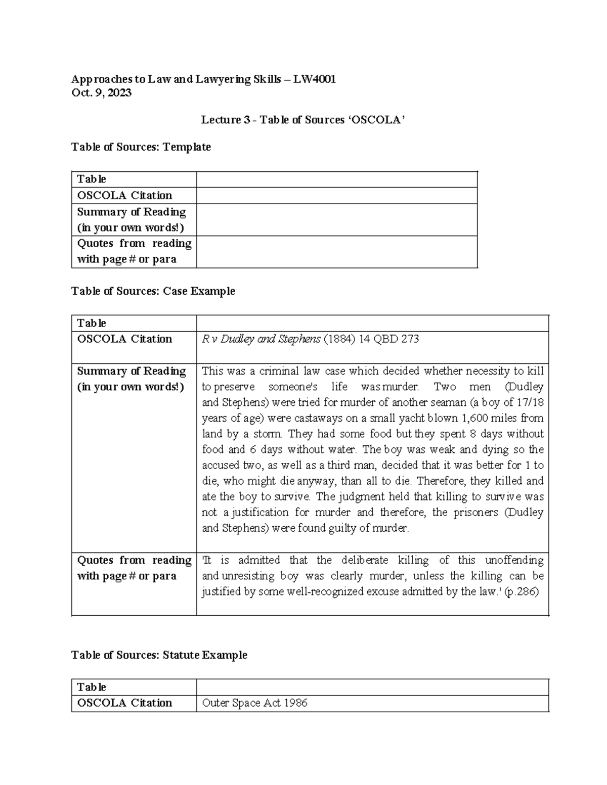 Approaches to Law - 9, 2023 Lecture 3 - Table of Sources ‘OSCOLA’ Table ...