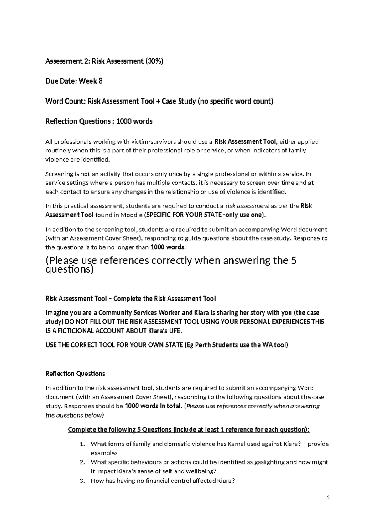 SPS303 Assessment 2 Case study Risk assesssment tool 2024 T1 ...