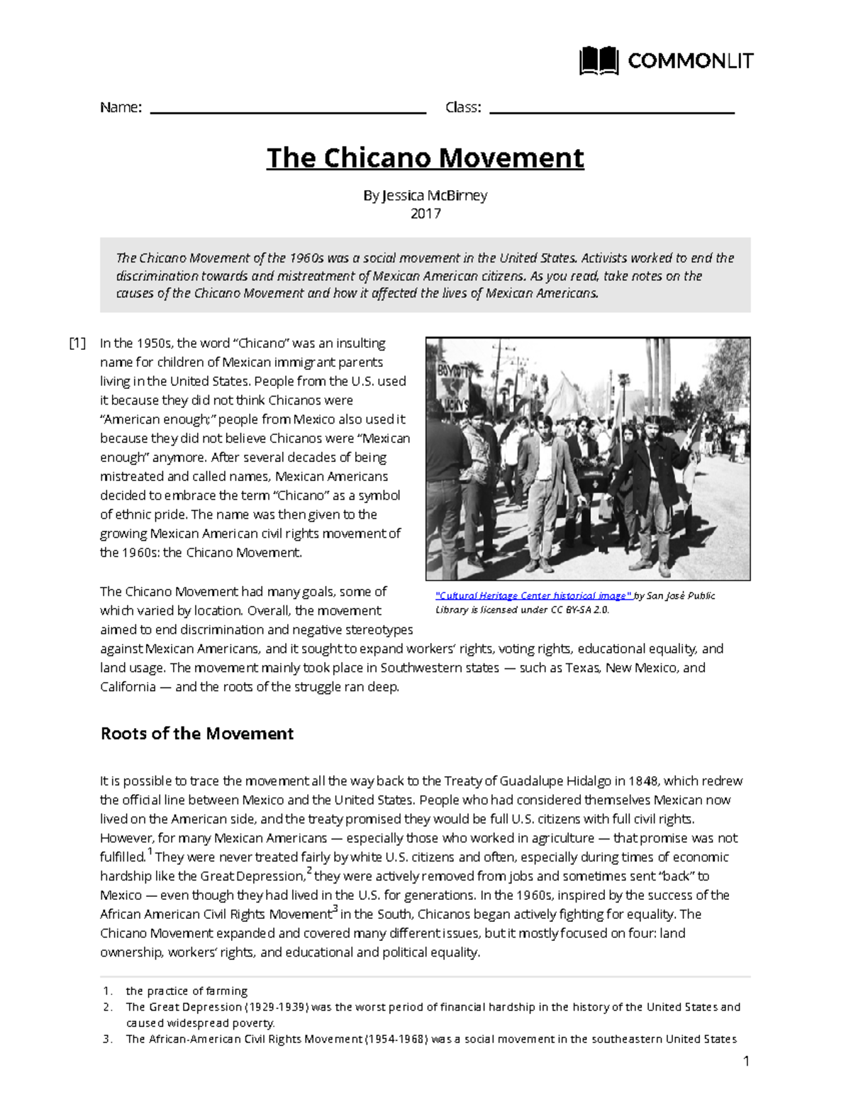 - The Chicano Movement-article - Name: Class: "Cultural Heritage Center ...