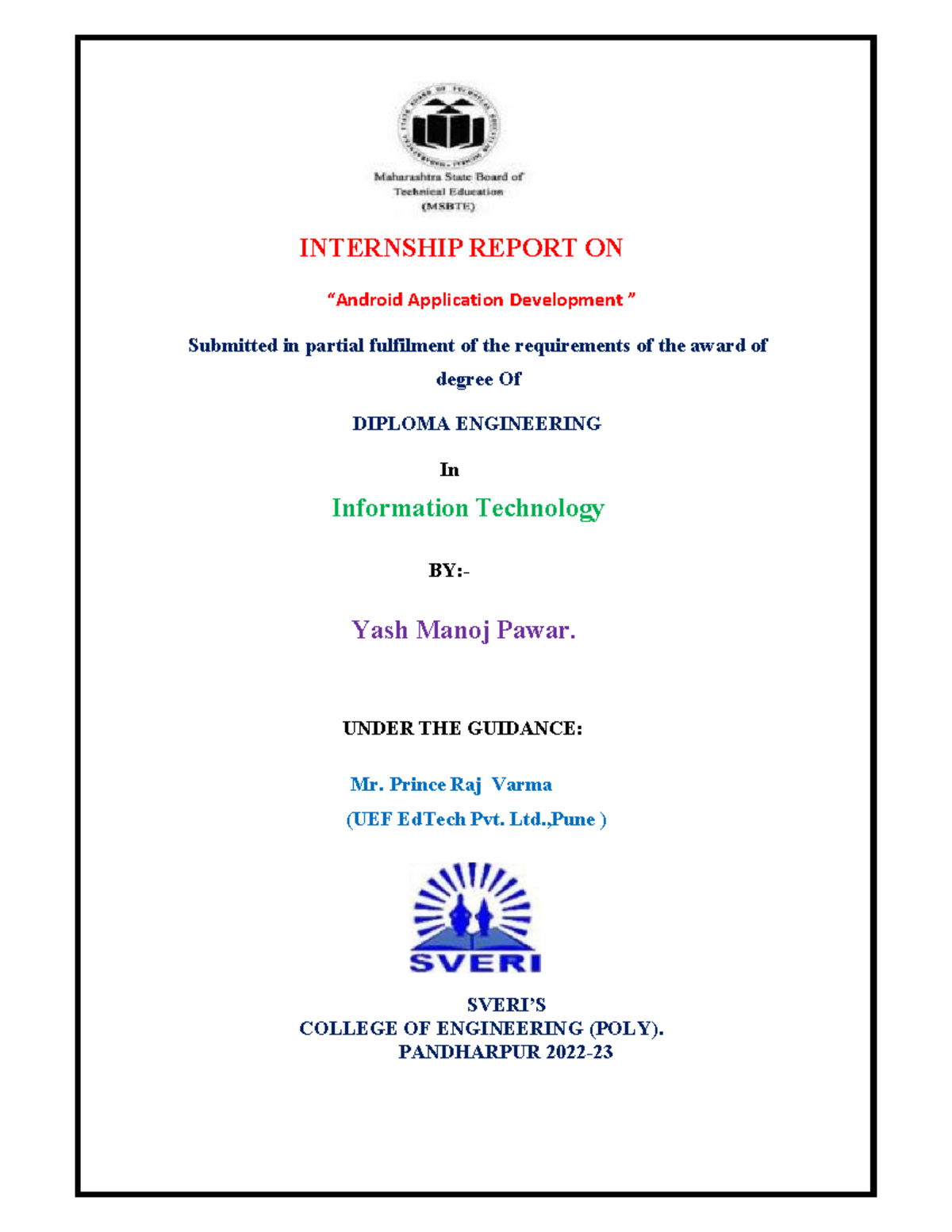 ITR Report - INTERNSHIP REPORT ON “Android Application Development ...