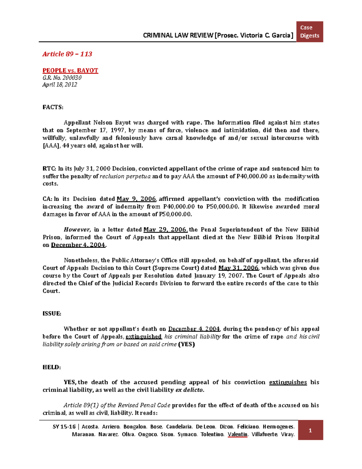 332334182 CRIM Case Digest Batch 6 - CRIMINAL LAW REVIEW [Prosec. Victoria C. Garcia] Digests SY ...