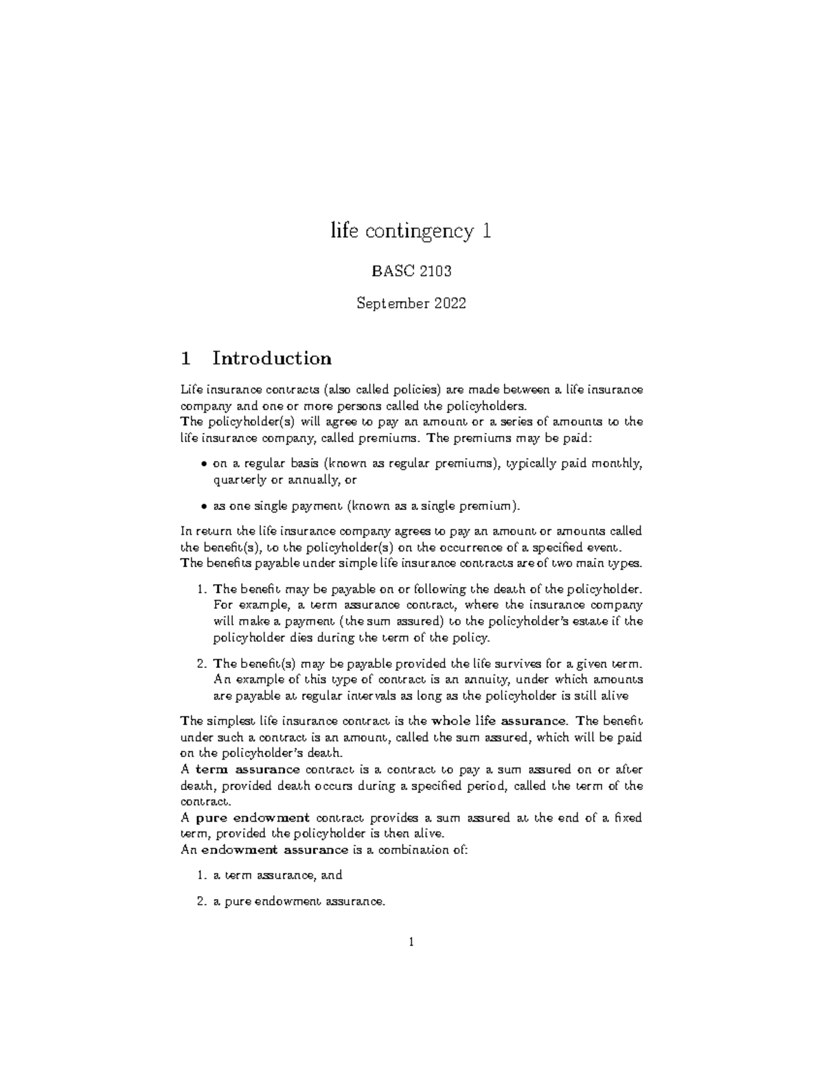 Life contingency 1 - NOTES - life contingency 1 BASC 2103 September ...