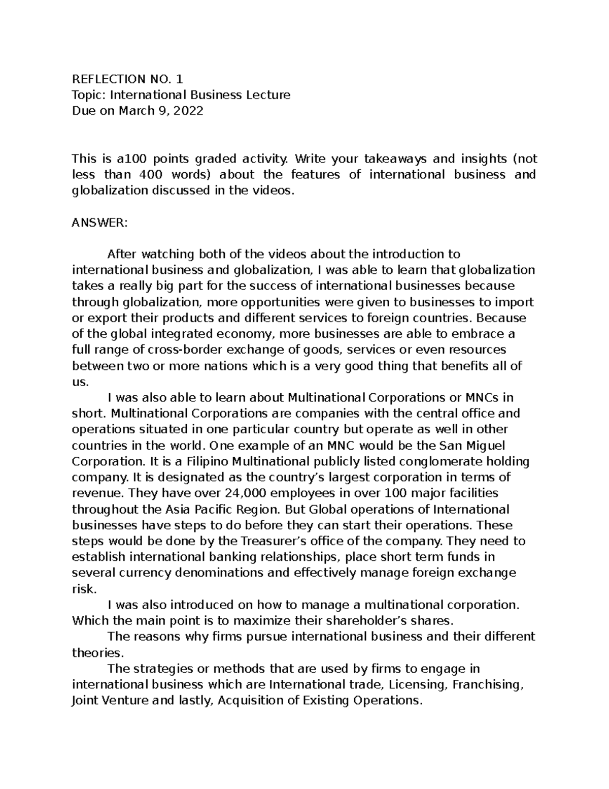 Graded Activity 2 - Reflection No. 1 - REFLECTION NO. 1 Topic: International Business Lecture ...