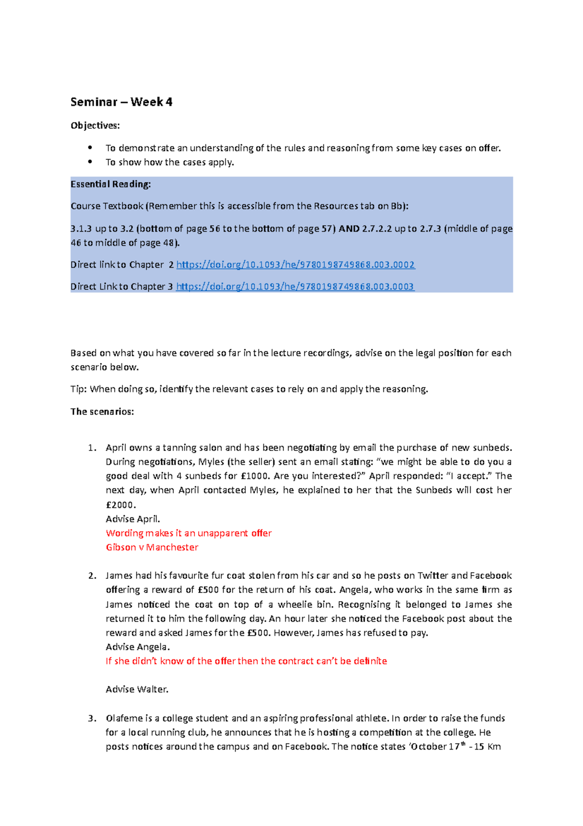 Seminar week 4 - contract law - Seminar – Week 4 Objectives: To demonstrate an understanding of ...