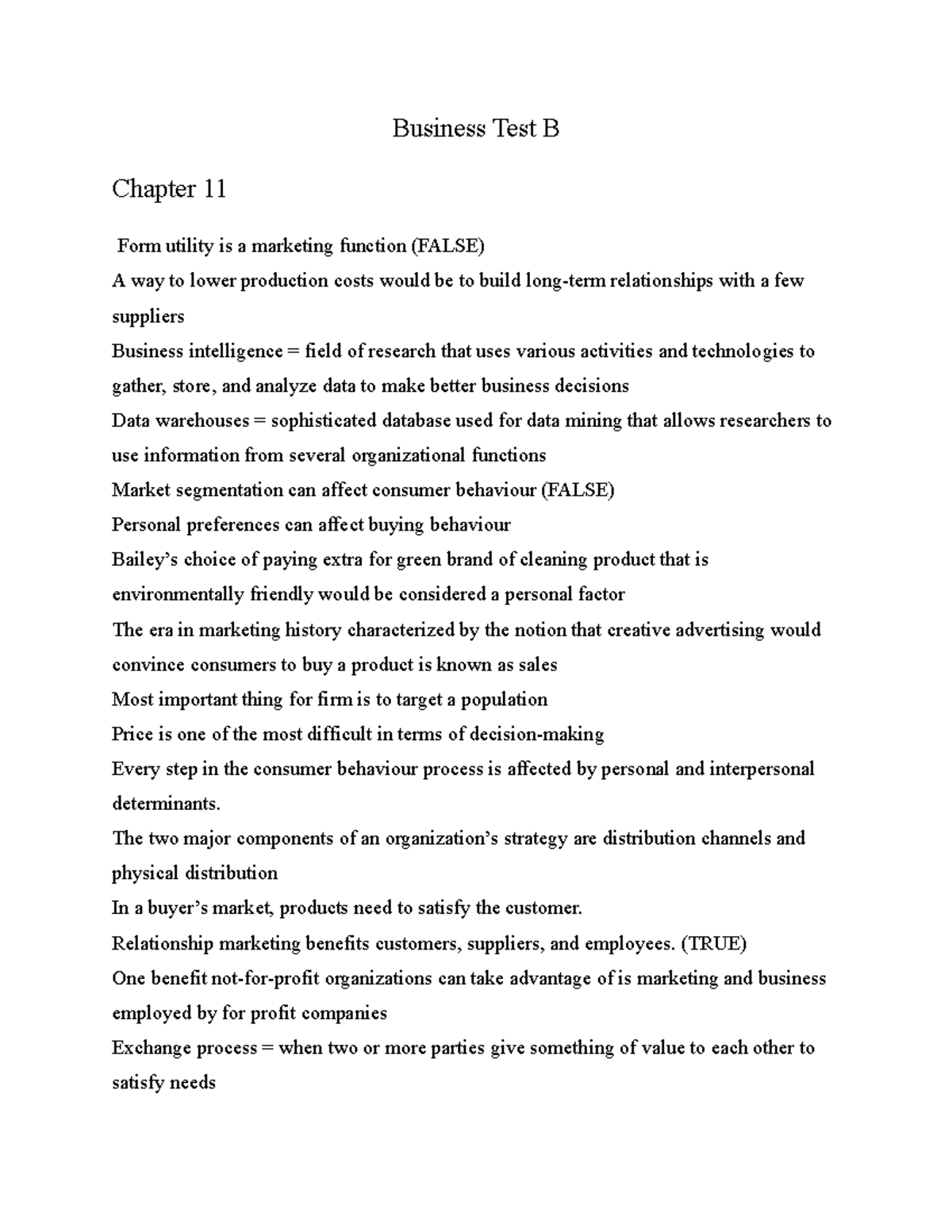 Business test B - summary in preparation for test B - Business Test B ...