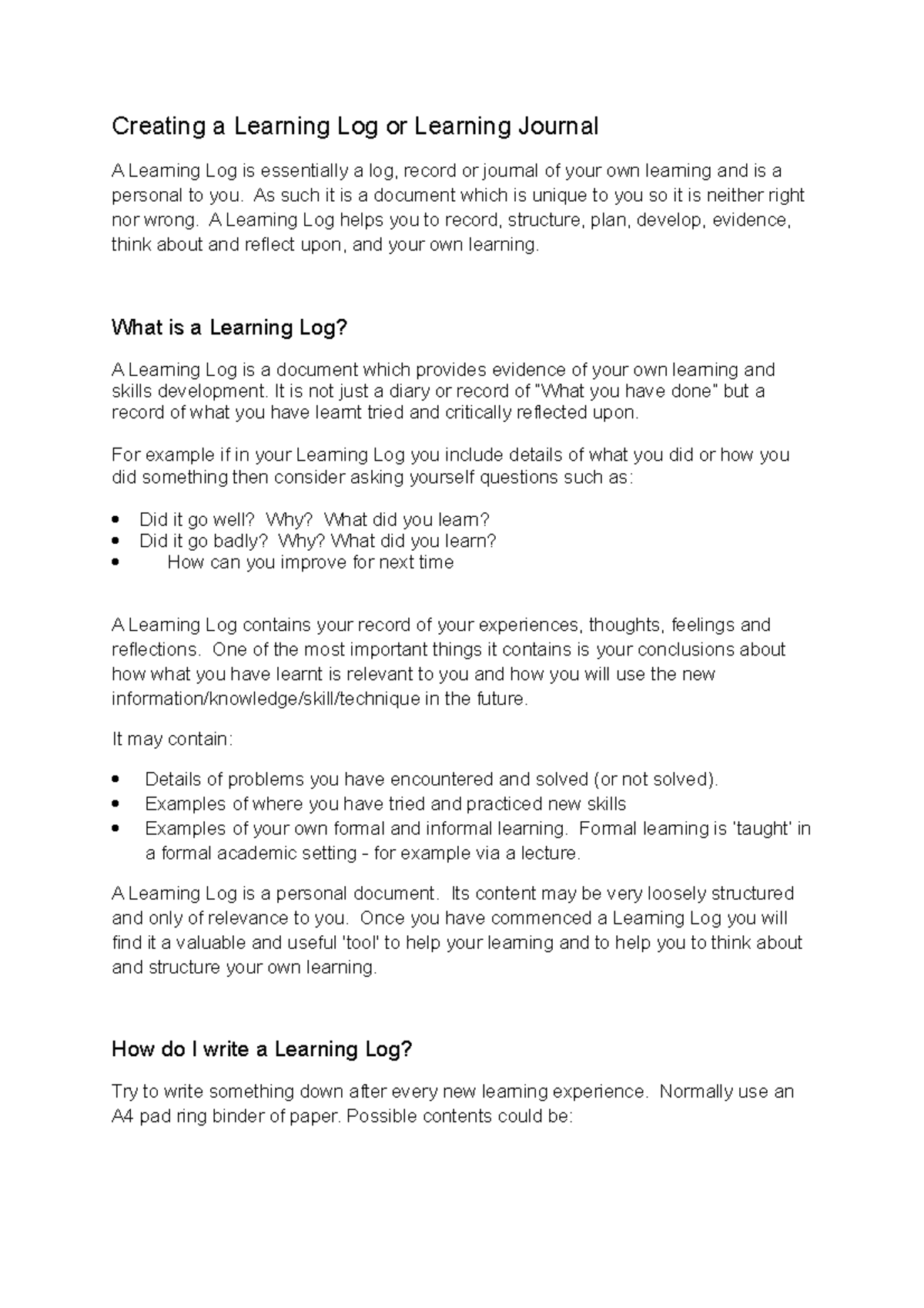 Creating a Learning Log or Learning Journal - As such it is a document ...