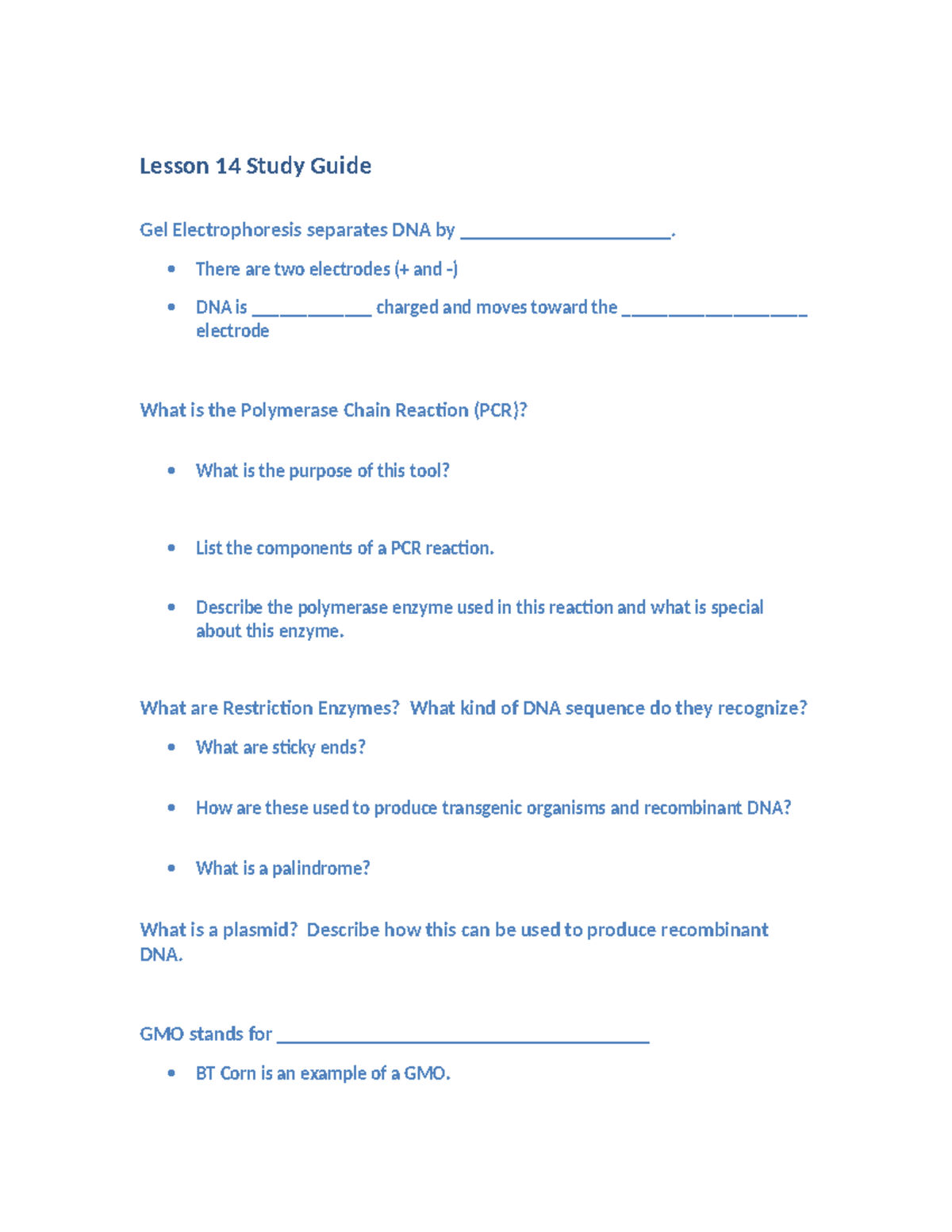 Lesson 14 Study Guide Biol 1408(1) - Lesson 14 Study Guide Gel ...