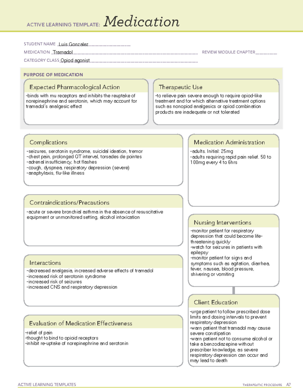 Drug Template #5 - ACTIVE LEARNING TEMPLATES THERAPEUTIC PROCEDURE A ...