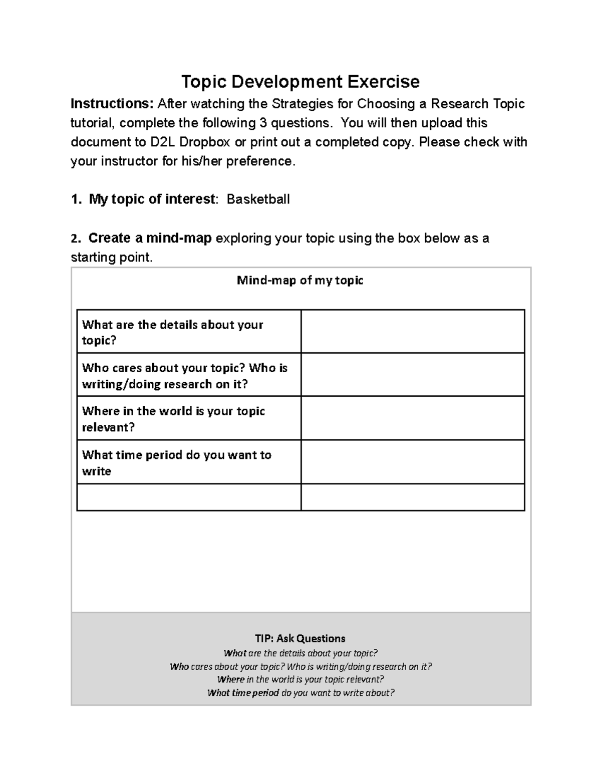 Topic Development Exercise - Topic Development Exercise Instructions ...
