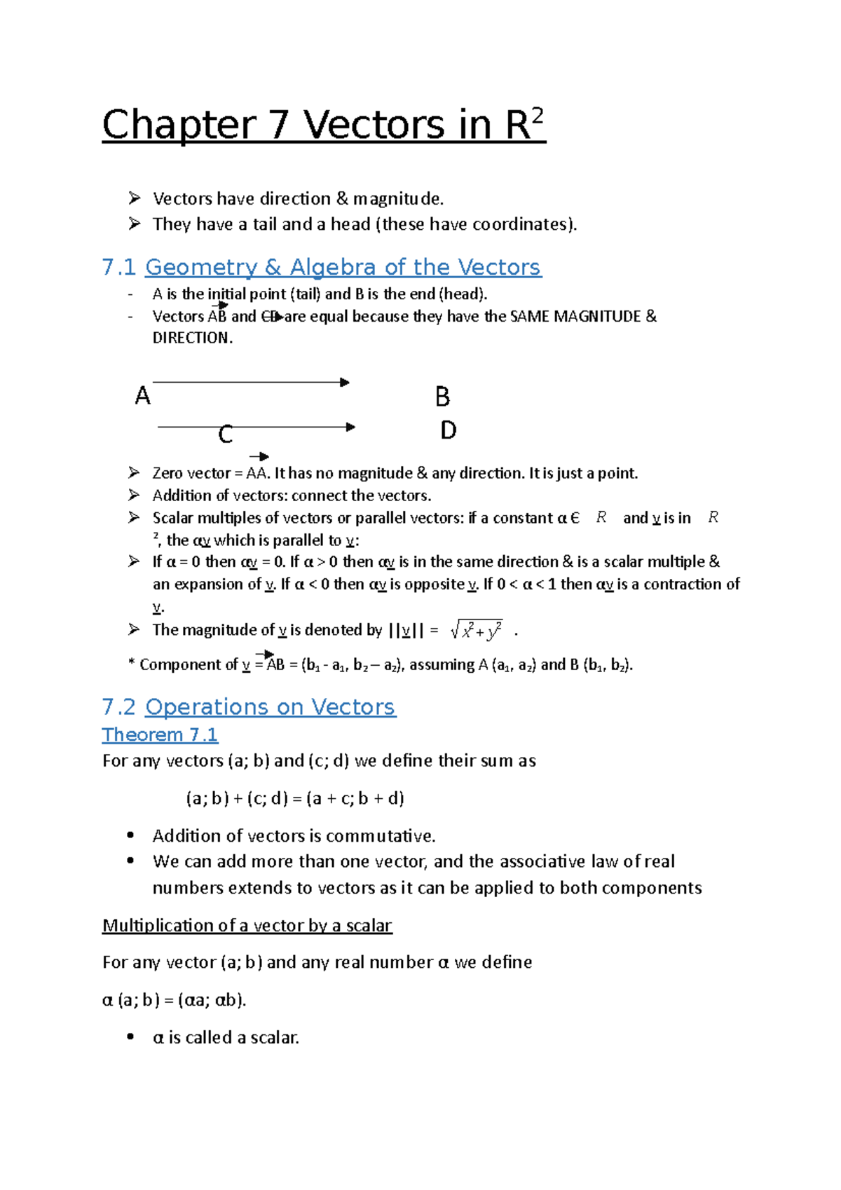 Chapter 7 Vectors in R2 Algebra Notes/summary. Properties of vectors in ...