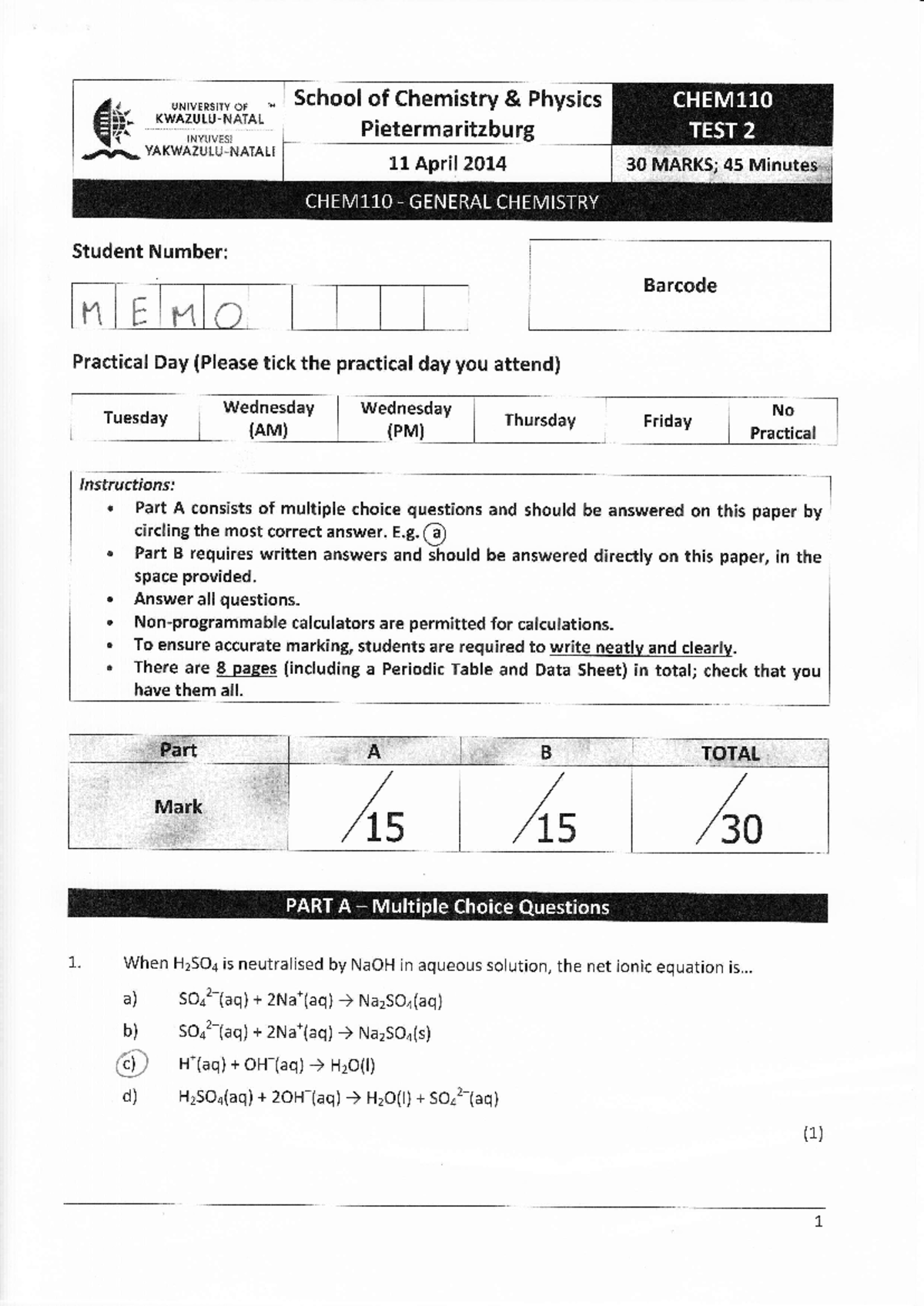 CHEM110 Test2 2014 Memo - I UNIVERSITY OF ii'- KwAzuru-NATAL 'i ...