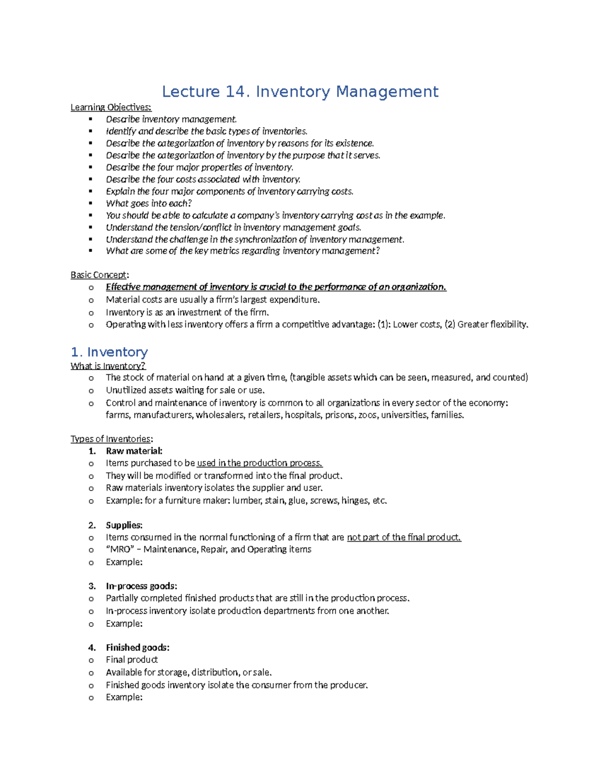 Lecture 14 - Inventory Management - Lecture 14. Inventory Management ...