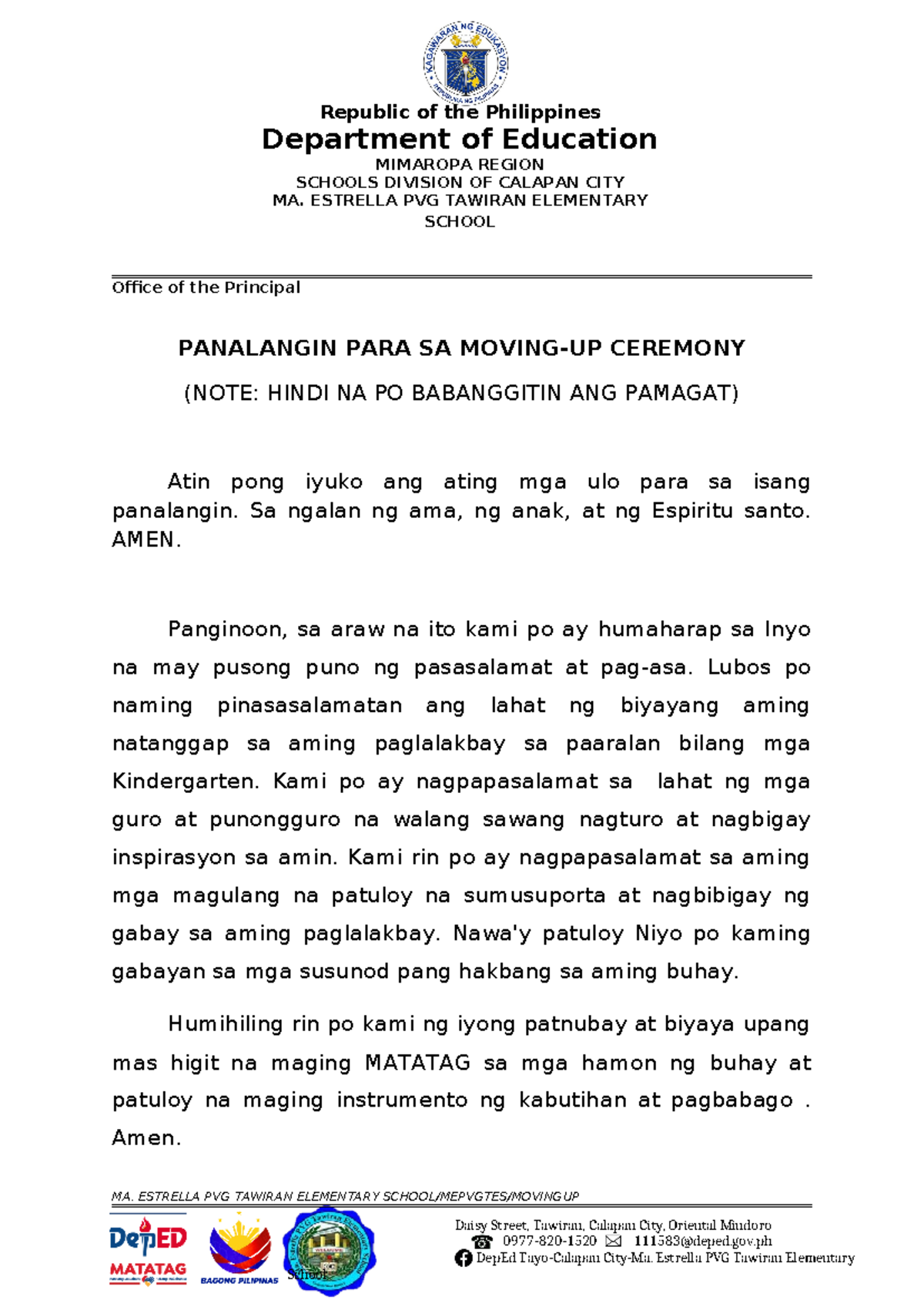 Panalangin-Moving-Up - Republic of the Philippines Department of ...