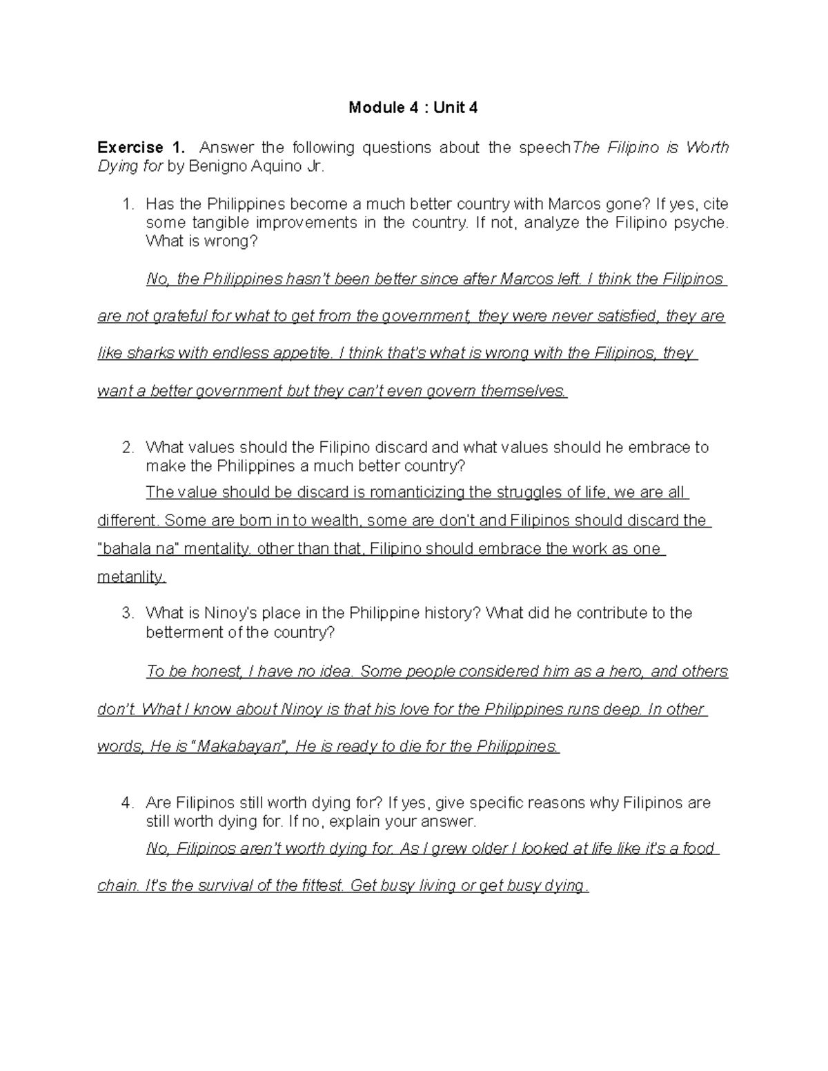 World Literature The Filipino is worth dying for - Module 4 : Unit 4 Exercise 1. Answer the ...