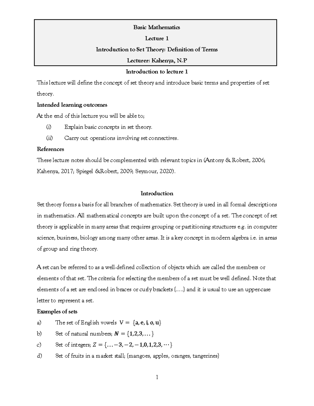 Basic Mathematics Lecture 1 - Basic Mathematics Lecture 1 Introduction to Set Theory: Definition ...