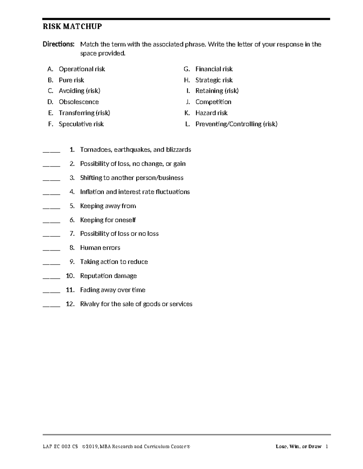 5.02 D Risk Match-Up worksheet - RISK MATCHUP Directions: Match the ...