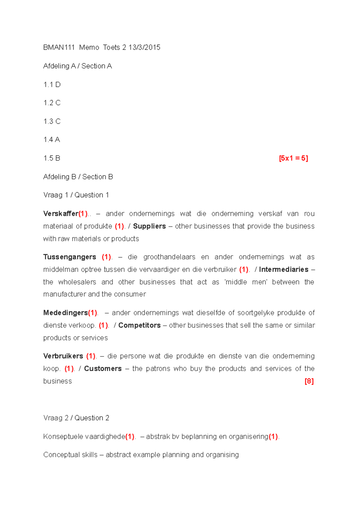 Toets 2 MEMO - BMAN111 Memo Toets 2 13/3/2015 Afdeling A / Section A 1 ...