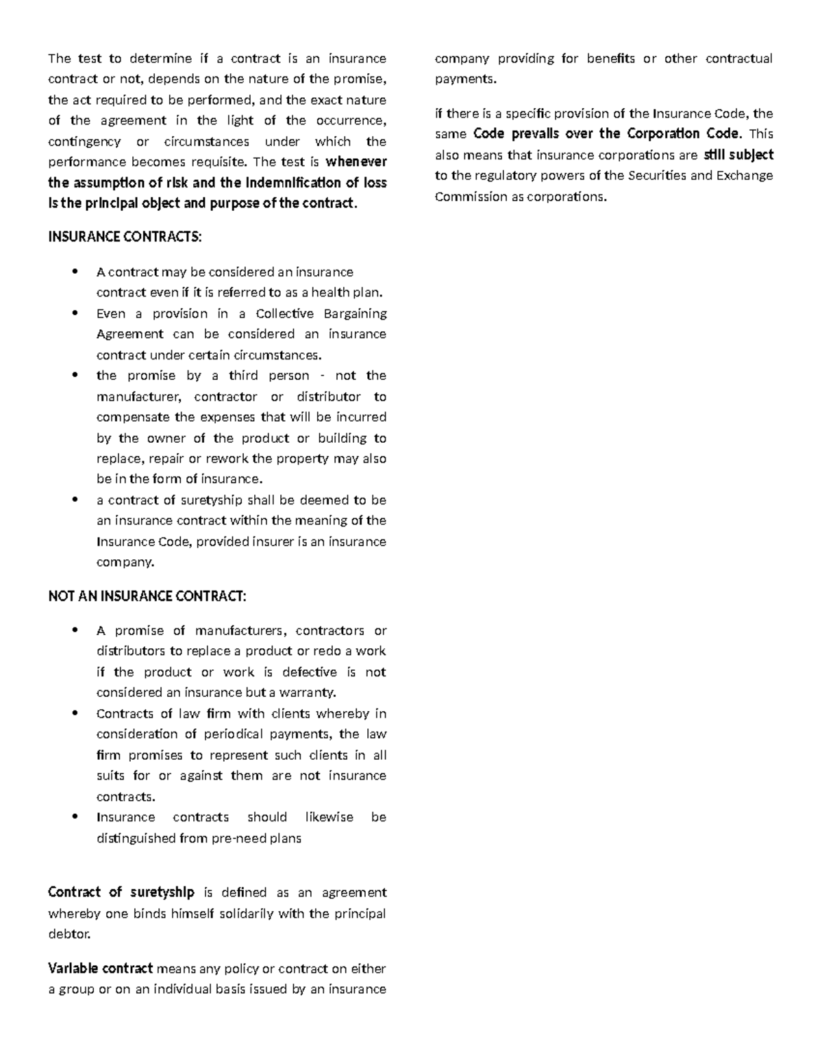 Insurance Notes - ntes - The test to determine if a contract is an ...