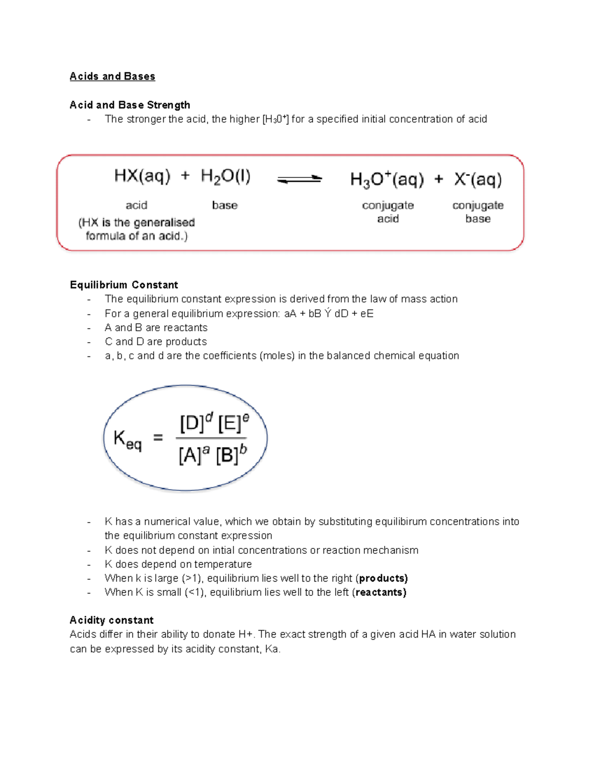 Week 4- Chemistry - lecture notes - Acids and Bases Acid and Base ...