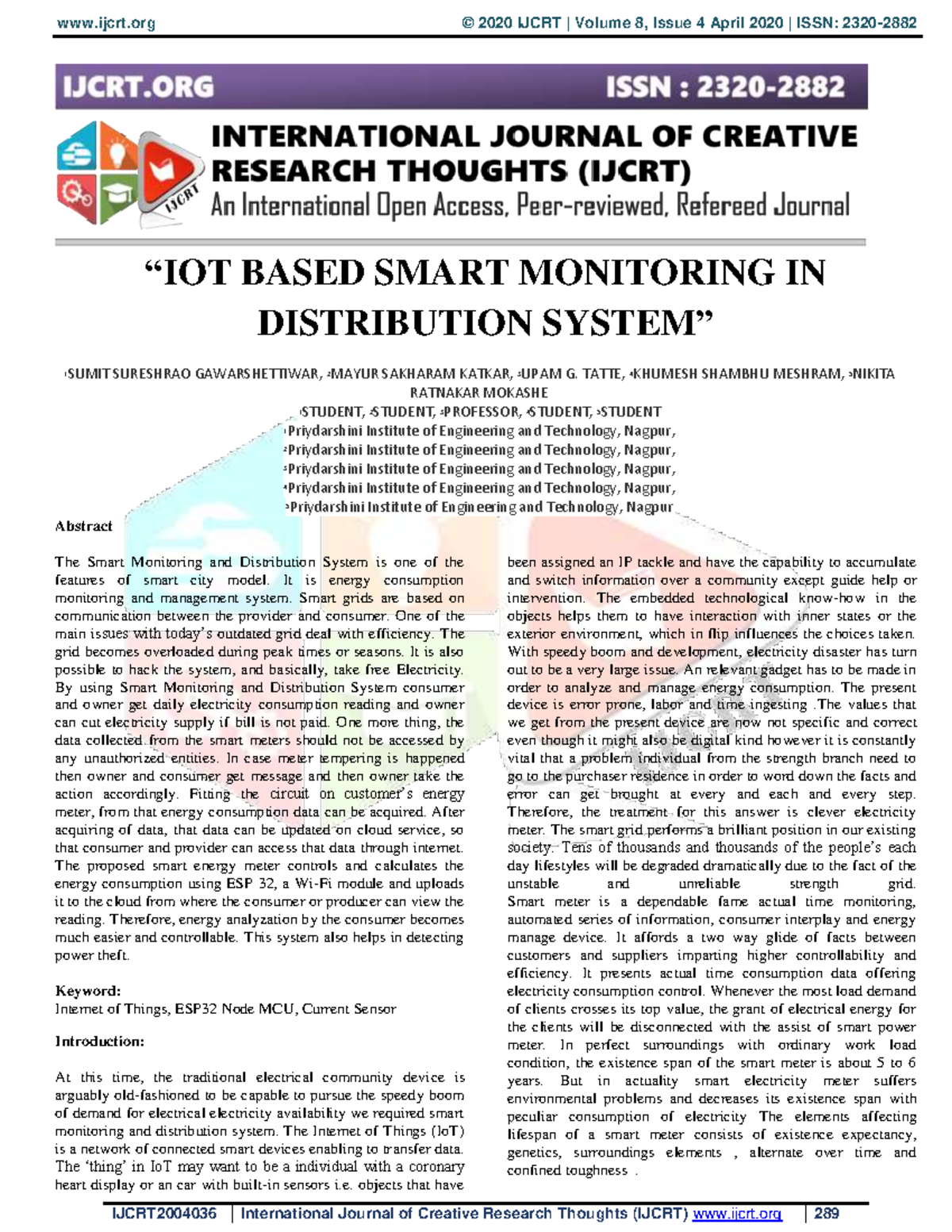 Ijcrt 2004 036 - Hhhhh - “IOT BASED SMART MONITORING IN DISTRIBUTION ...