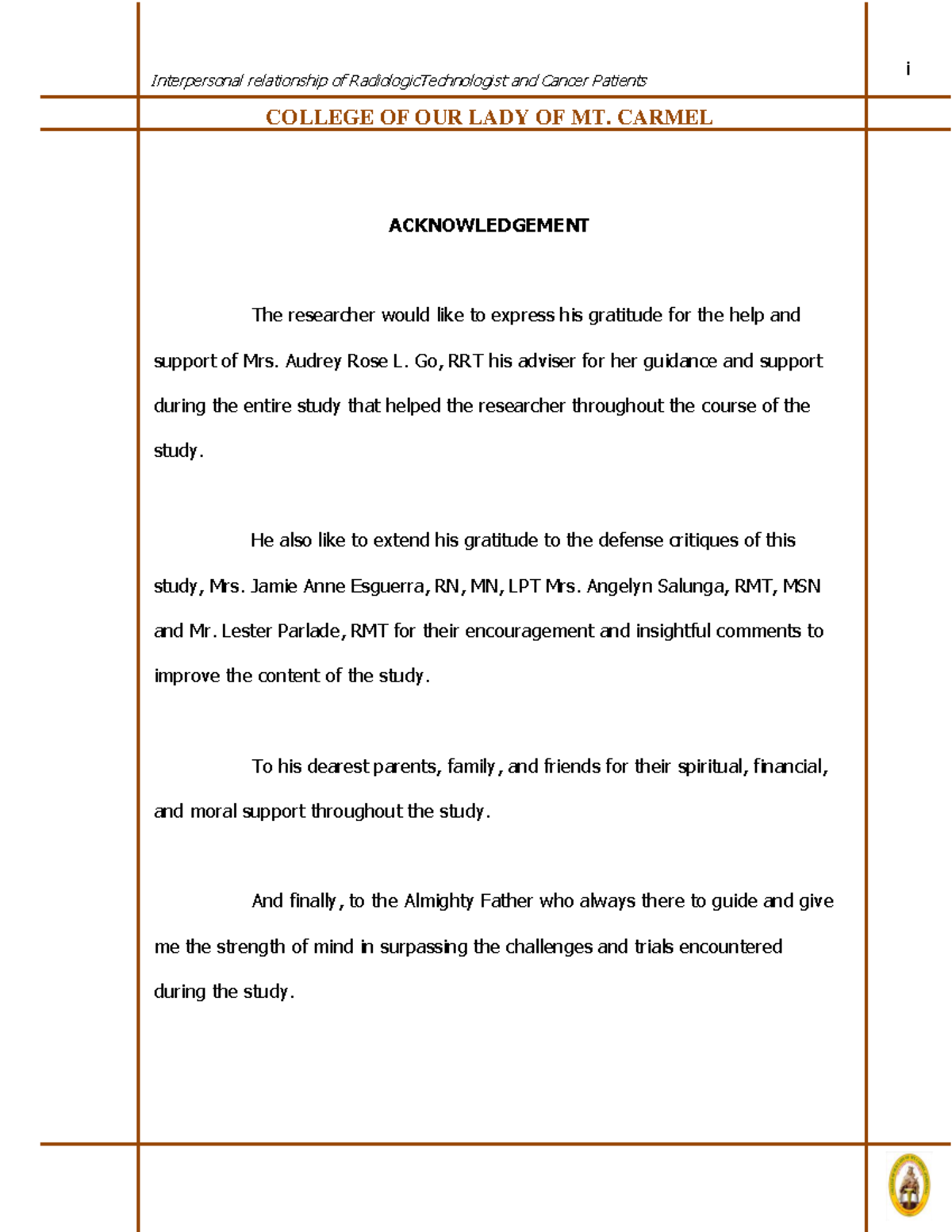 Acknowledgement - PDF - i COLLEGE OF OUR LADY OF MT. CARMEL ...