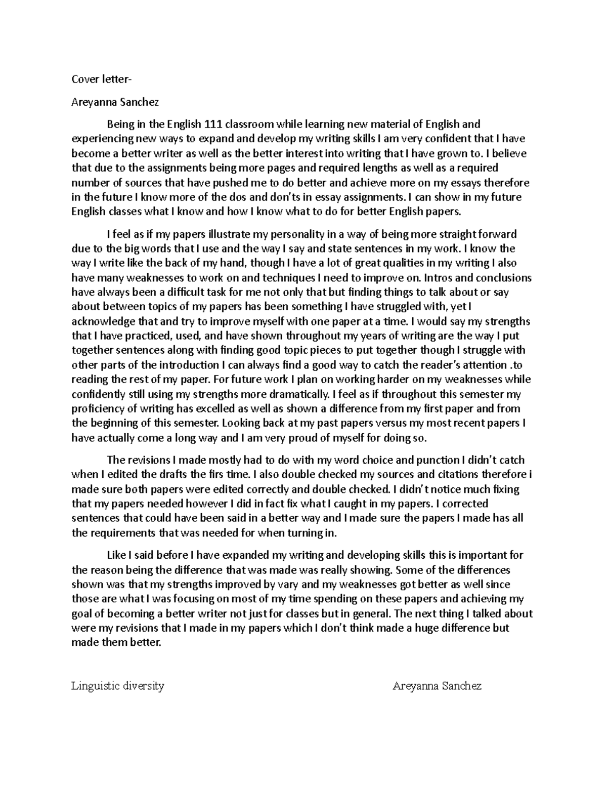 Final portfolio semester 2 - Cover letter- Areyanna Sanchez Being in ...