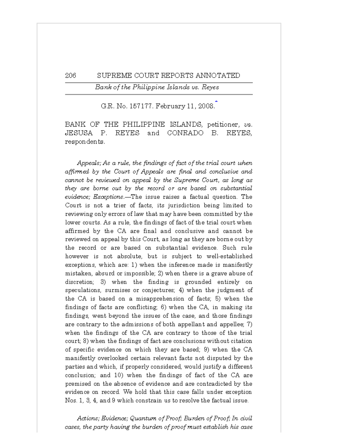 Bpi-v-reyes - case - 206 SUPREME COURT REPORTS ANNOTATED Bank of the Philippine Islands vs ...