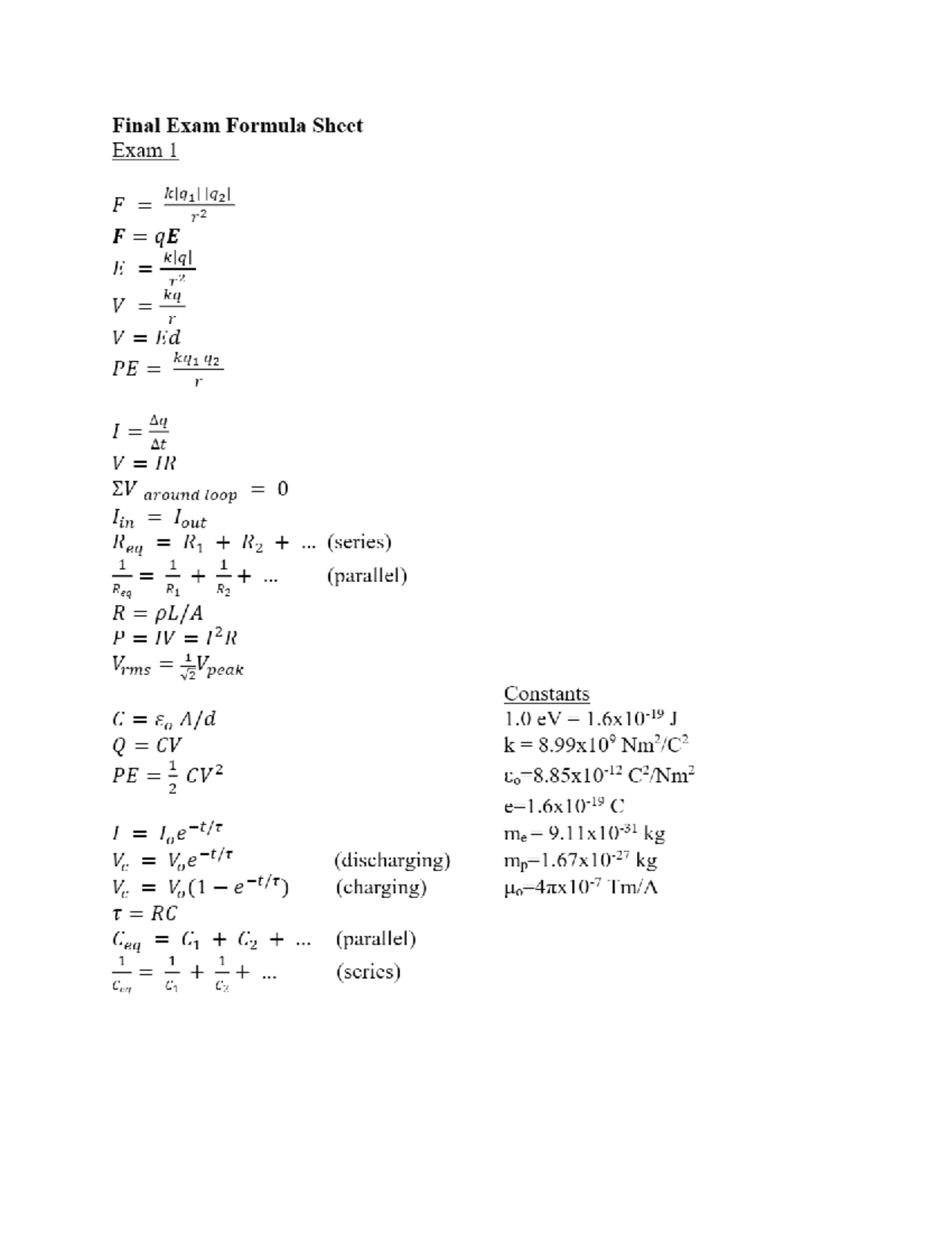 Final Exam Formula Sheet - APHY108-General Physics II (1252) - APHY 108 ...