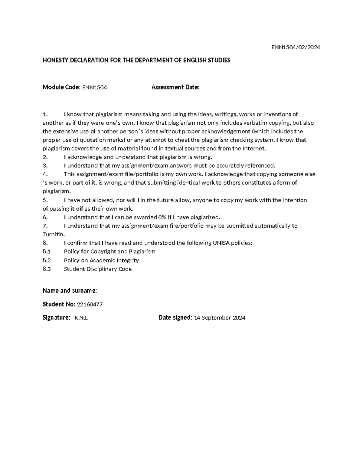 Offiwiz file - Portfolio - ENN1504/02/ HONESTY DECLARATION FOR THE ...