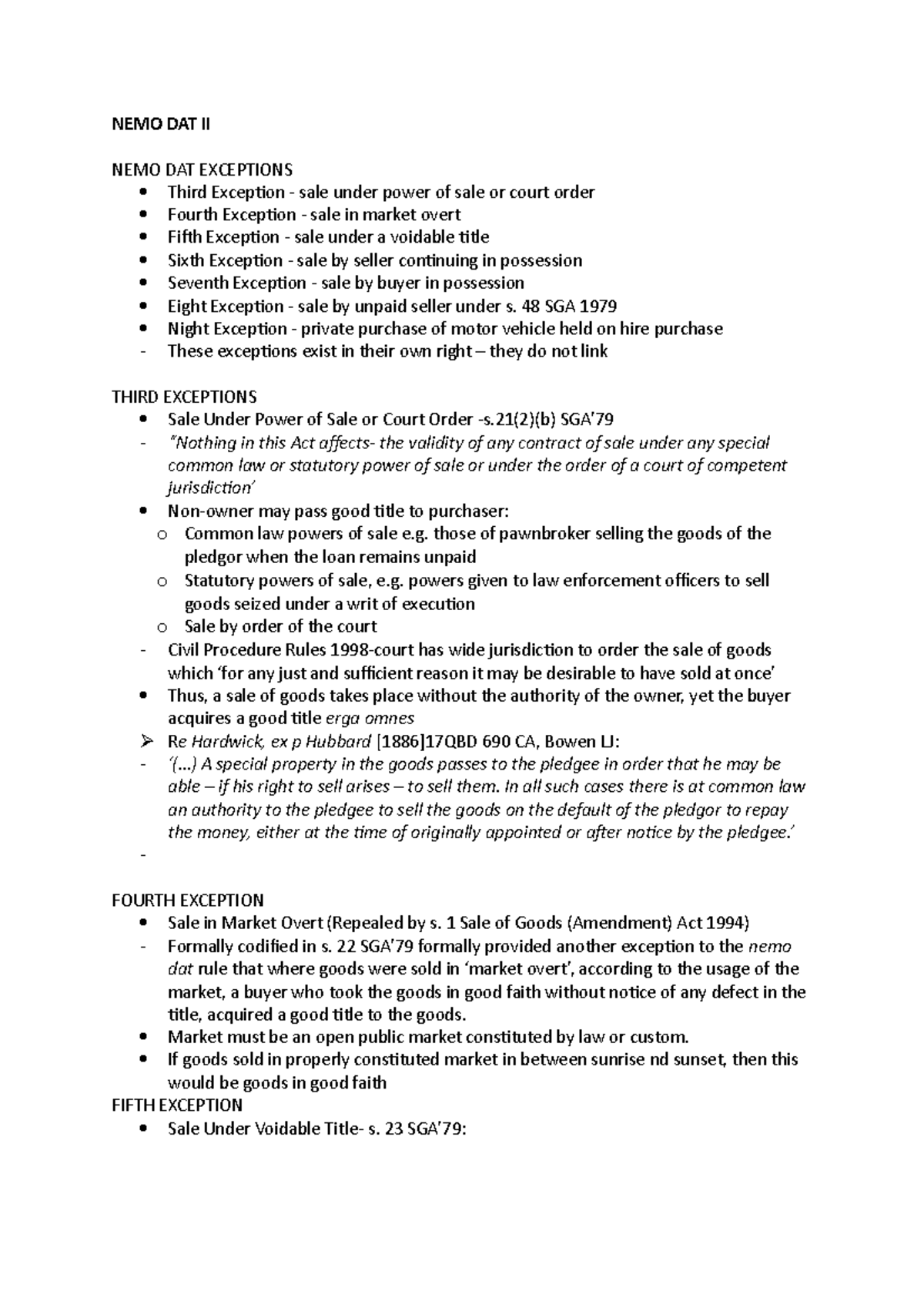 Nemo Dat 2 - Commercial Law - NEMO DAT II NEMO DAT EXCEPTIONS Third Exception - sale under power ...