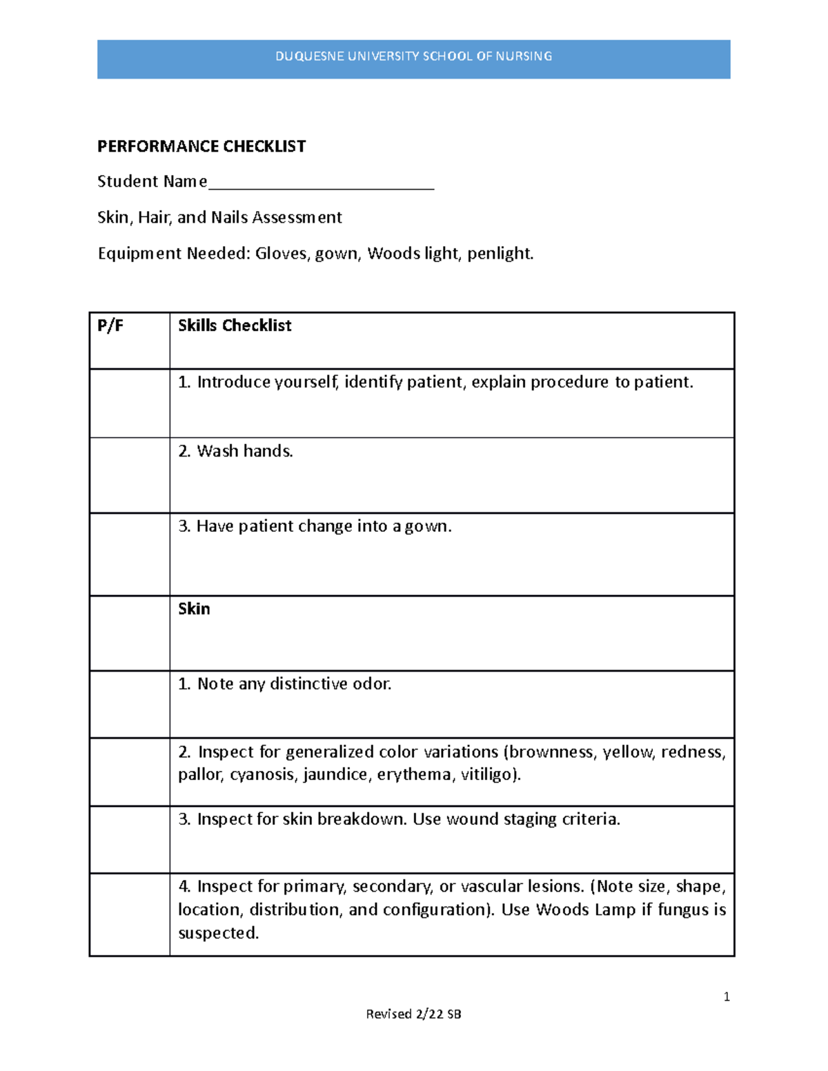 Performance Checklist skin - PERFORMANCE CHECKLIST Student Name ...