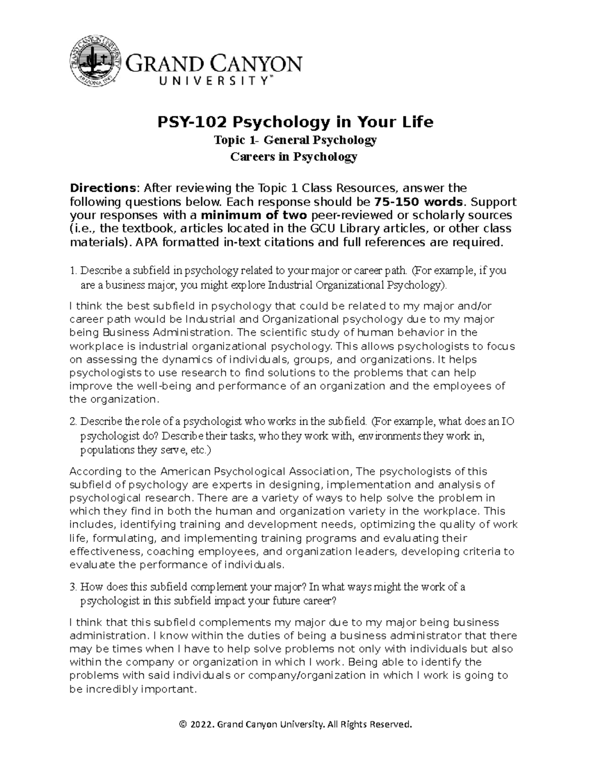 PSY 102 RS T1 Careersin Psychology Romines - PSY-102 Psychology in Your Life Topic 1- General ...