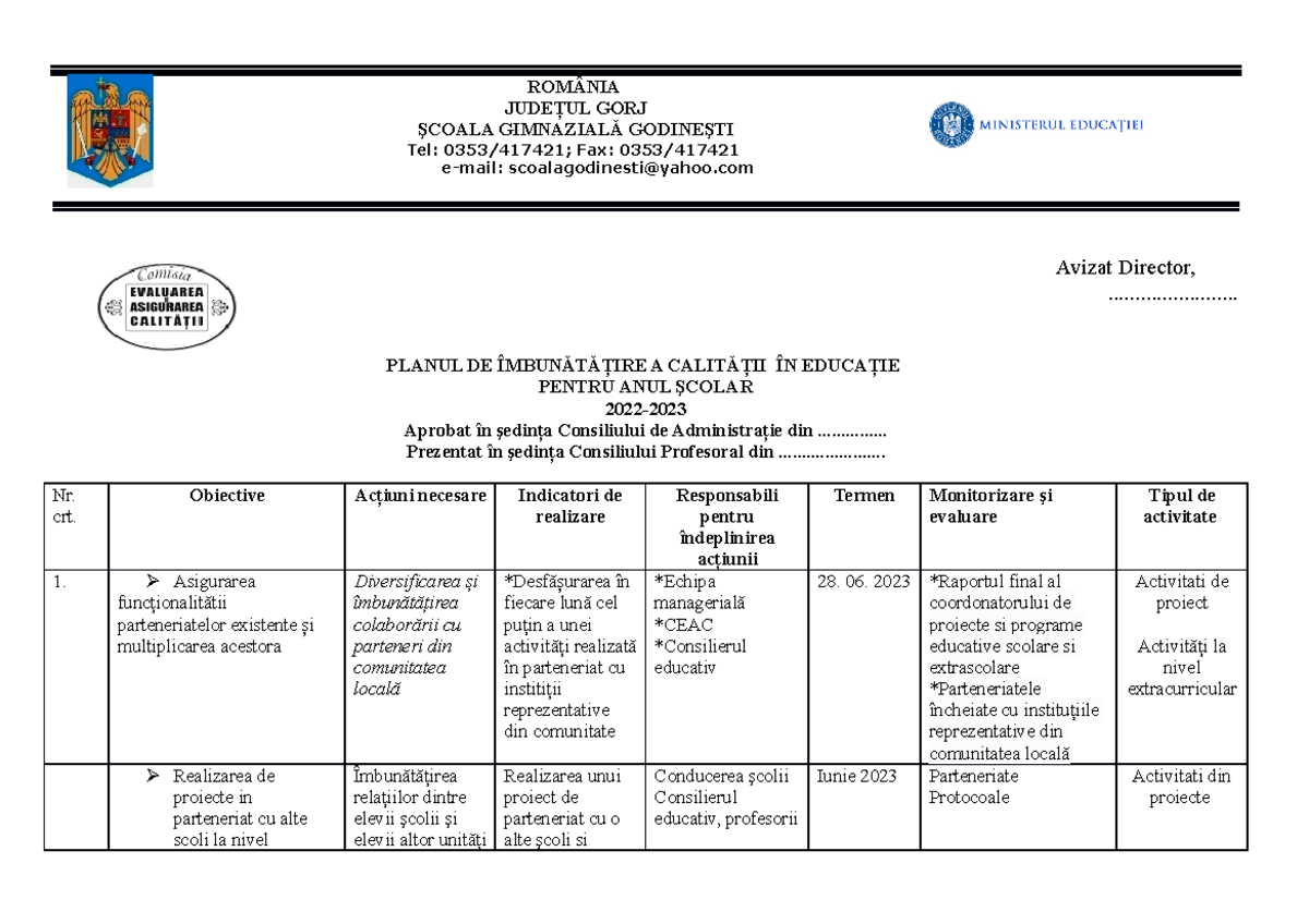 0 plan de imbunatatire 22 - ROMÂNIA JUDEŢUL GORJ ŞCOALA GIMNAZIALĂ ...