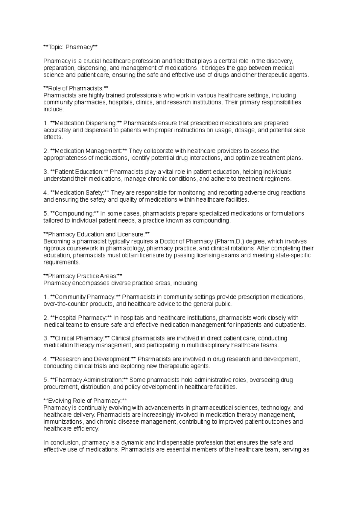 Codes 685609568 - Handout - Topic: Pharmacy Pharmacy is a crucial ...