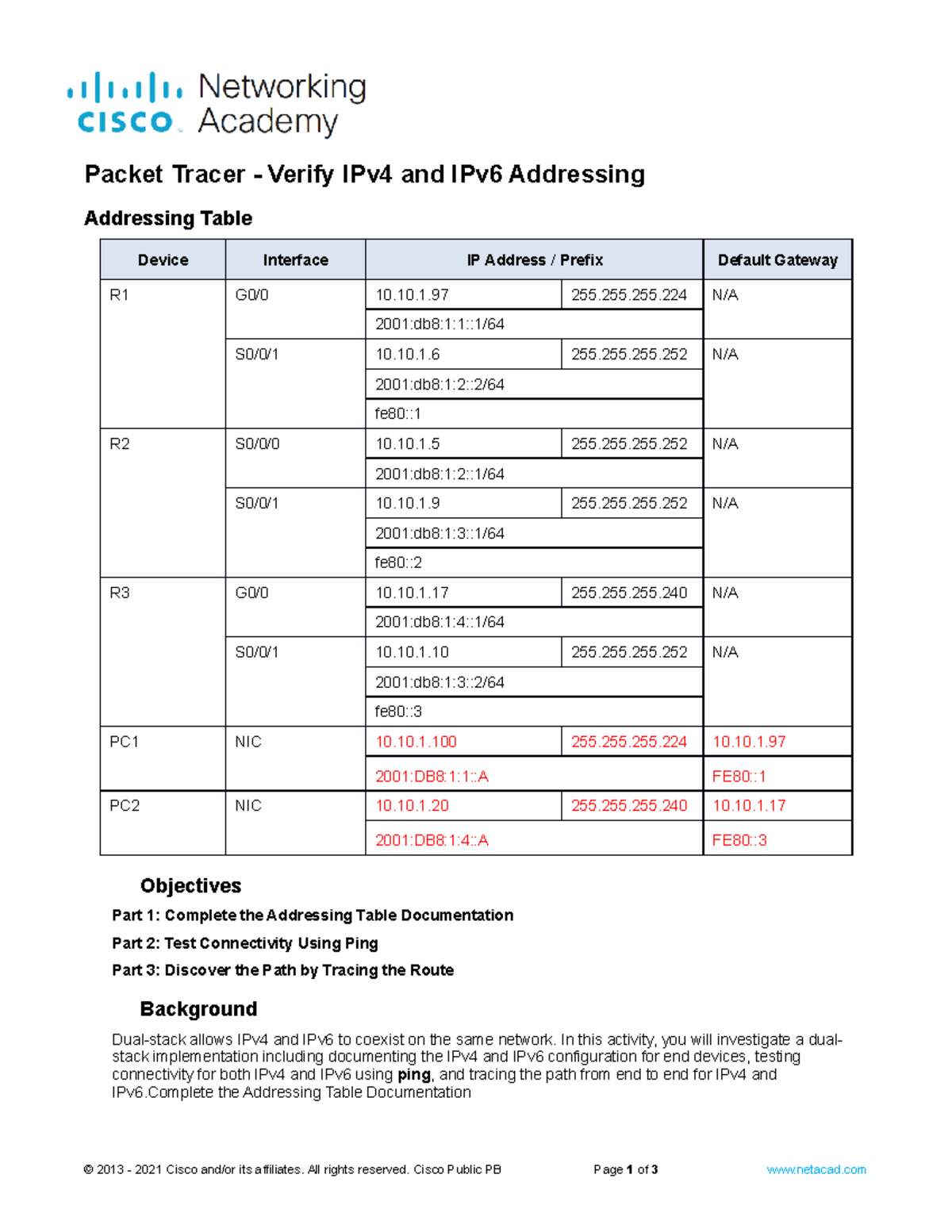 13.2.6-MZ-Packet Tracer - Verify IPv4 and IPv6 Addressing - Packet Tracer - Verify IPv4 and IPv6 ...