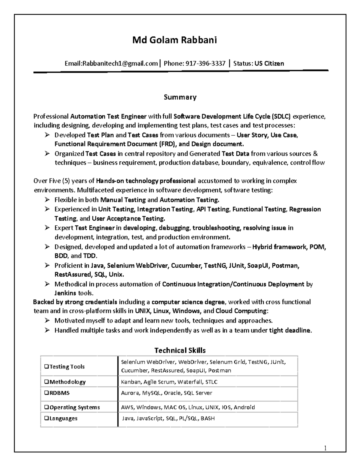 Sample Resume For Reference - Md Golam Rabbani Email:Rabbanitech1@gmail ...