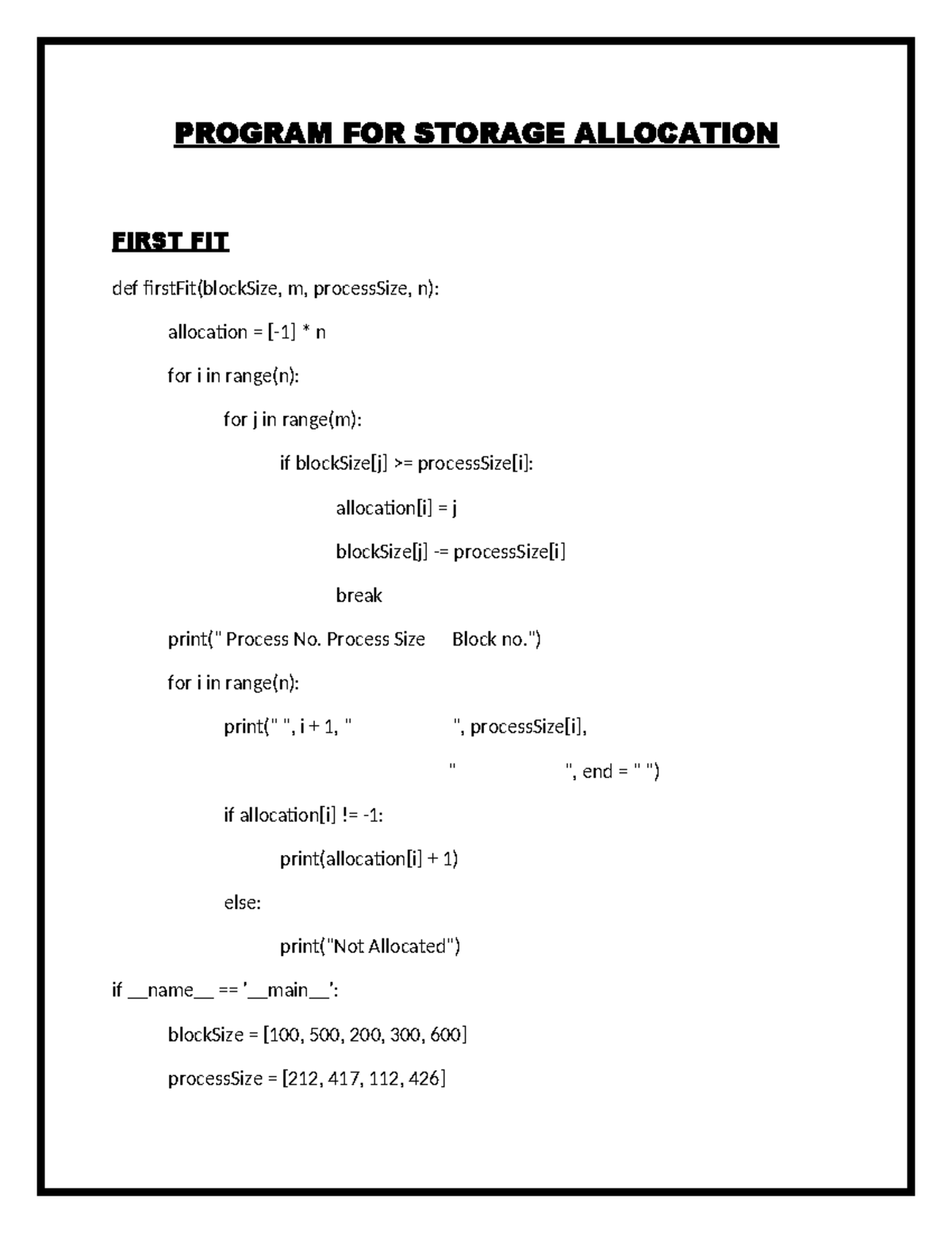 Program FOR Storage Allocatio 1 - PROGRAM FOR STORAGE ALLOCATION FIRST ...