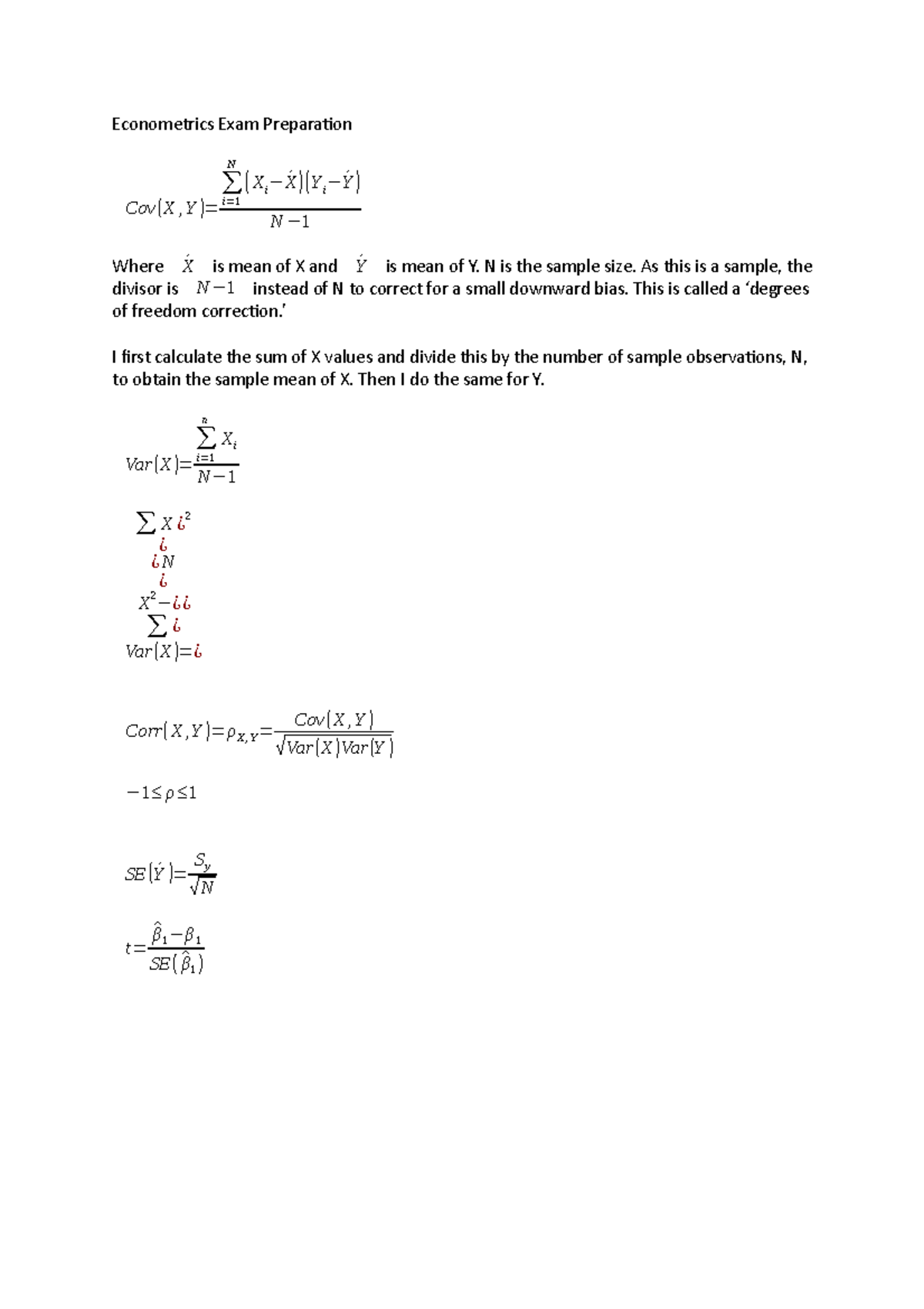 Econometrics Exam Preparation Formulas Econometrics Exam Preparation