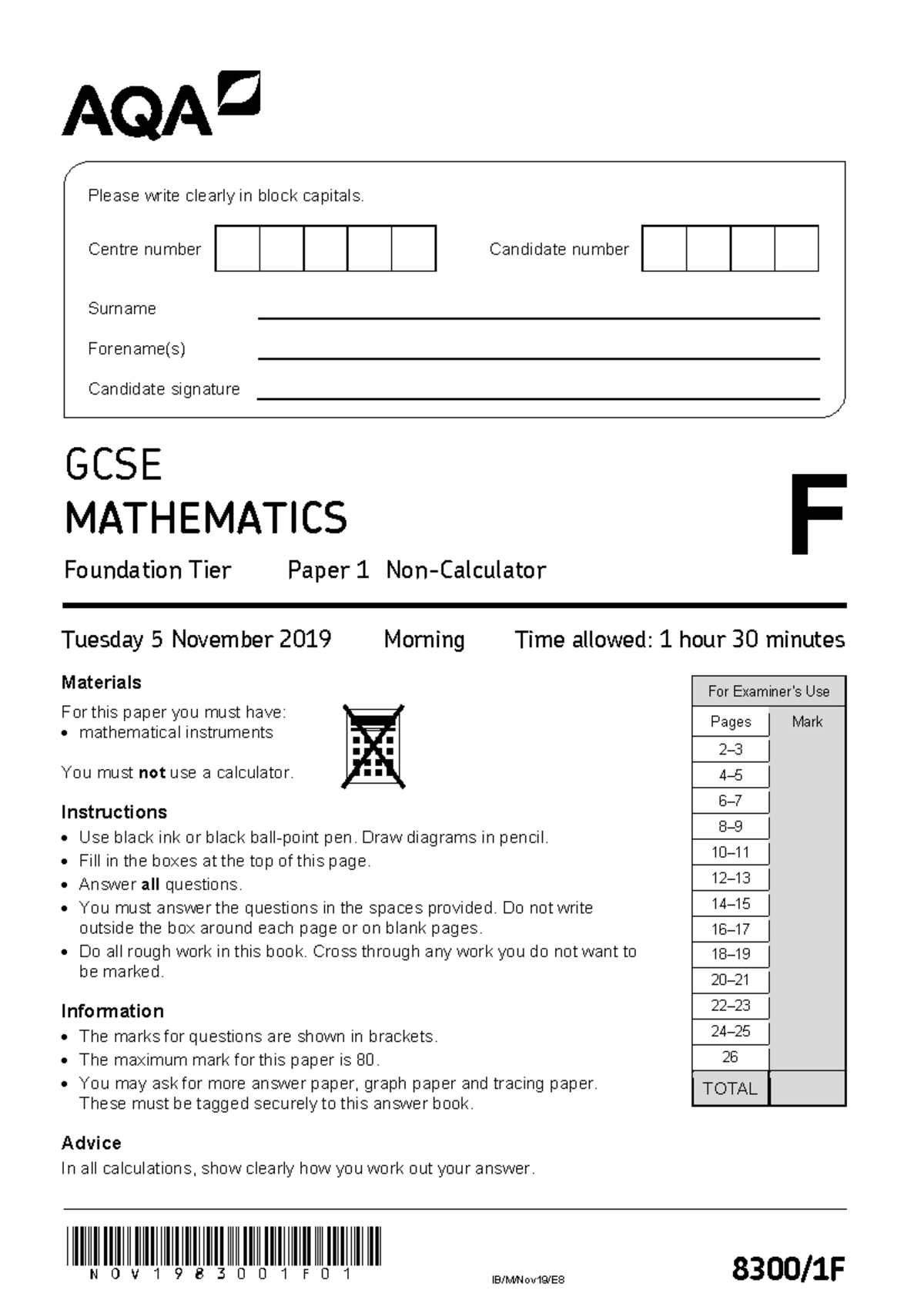 Maths 2019 ppr1 - Nov1983001F01 IB/M/Nov19/E8 8300/1F For Examiner’s ...