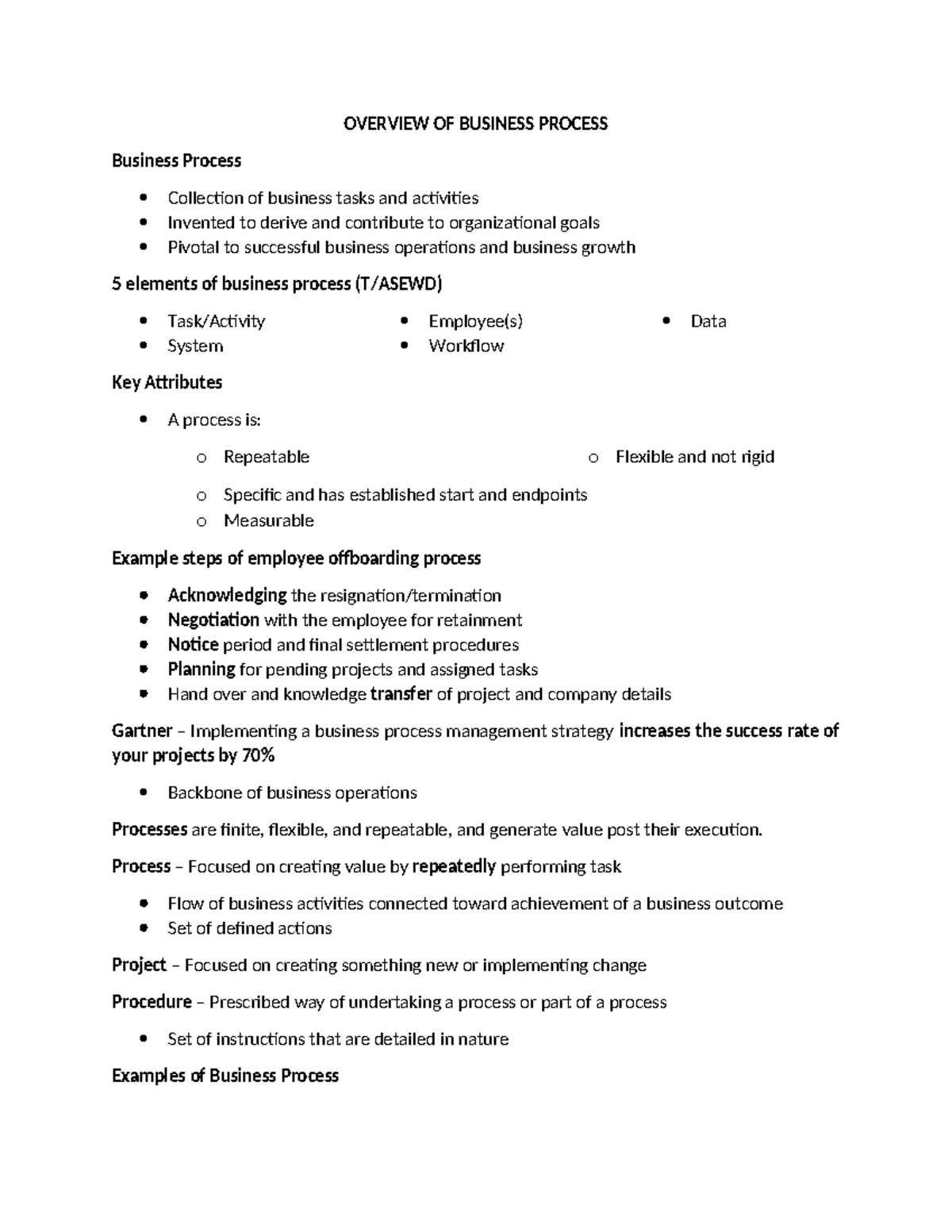 Reviewer BPE - Notes - OVERVIEW OF BUSINESS PROCESS Business Process ...