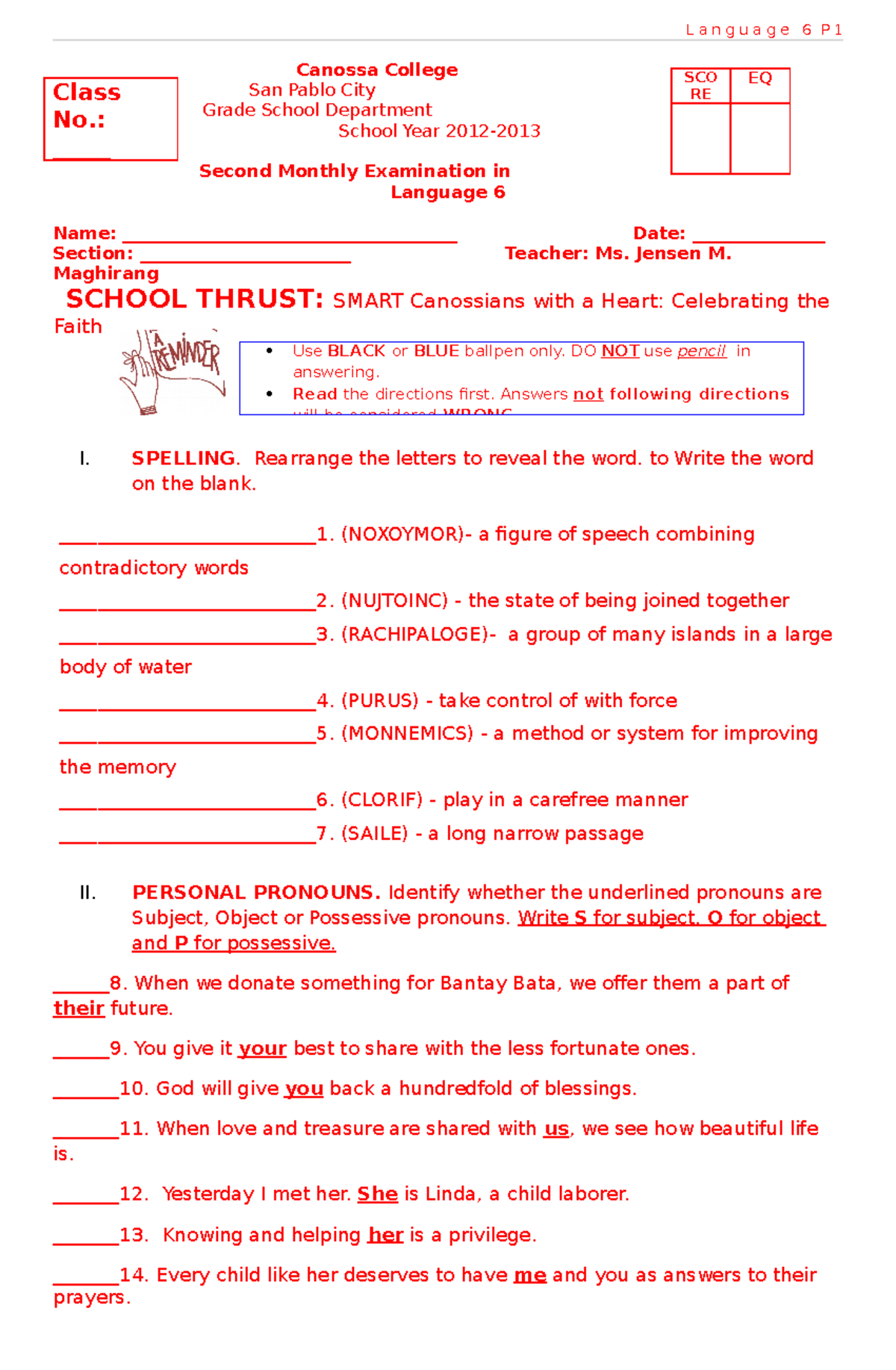 Second Monthly Exam - jhfhdytrui - Canossa College San Pablo City Grade ...