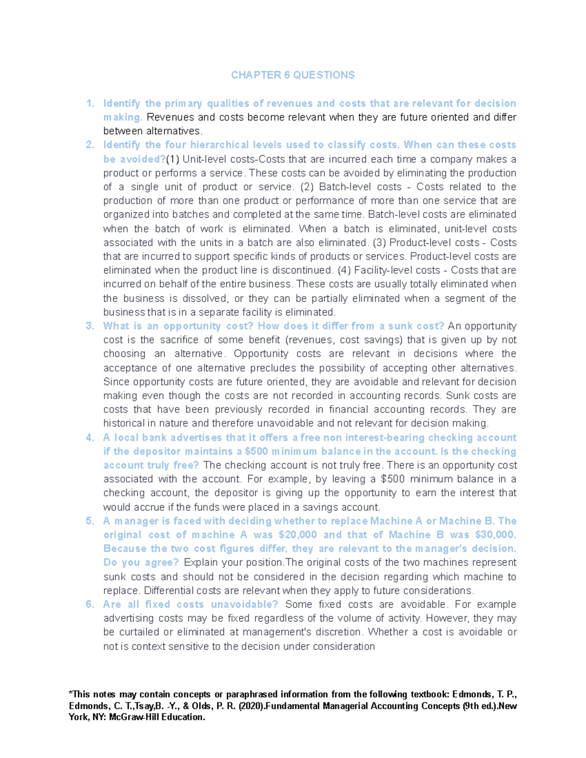 Principles of Managerial Accounting CH6 Questions - CHAPTER 6 QUESTIONS ...