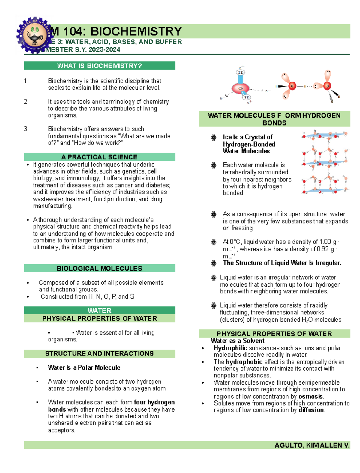 Biochem Transes LEC 3 Water Acids Bases AND Buffers - LECTURE 3: WATER ...