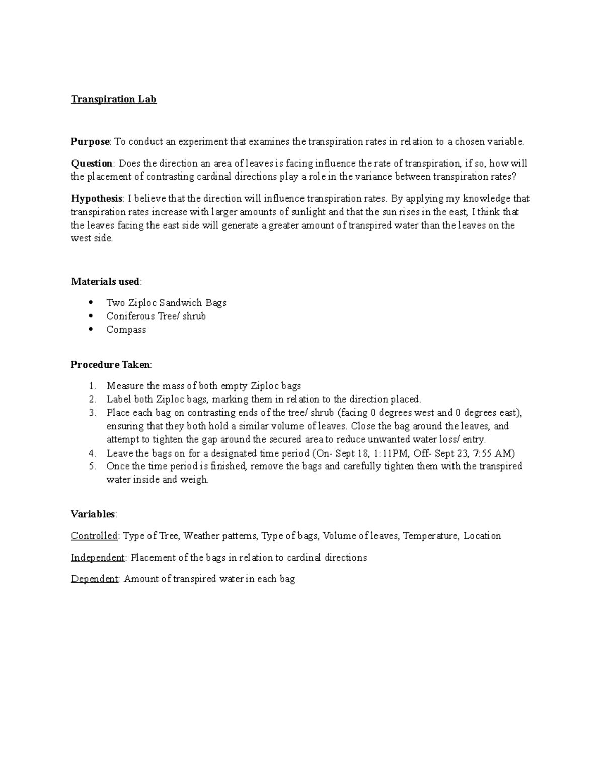 Transpiration lab - lab on trees - Transpiration Lab Purpose : To ...