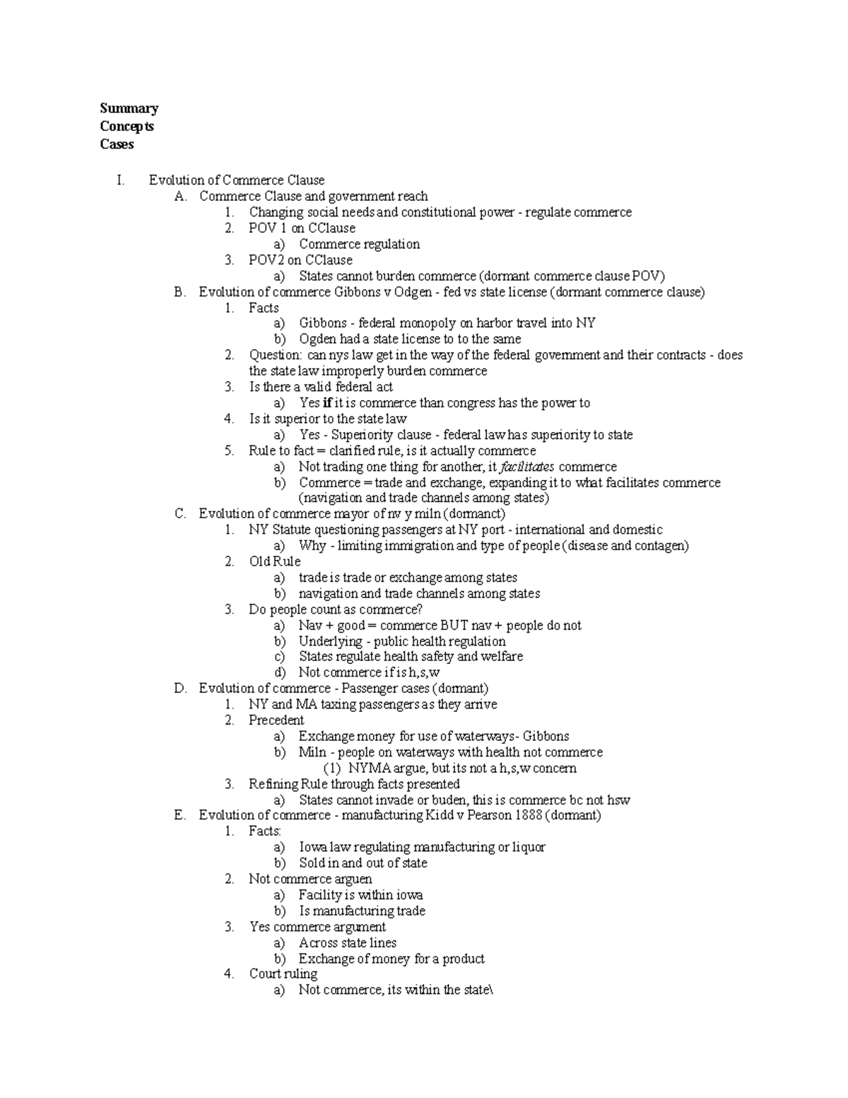 Law 5021 Evolution Of The Commerce Clause Summary Concepts Cases I