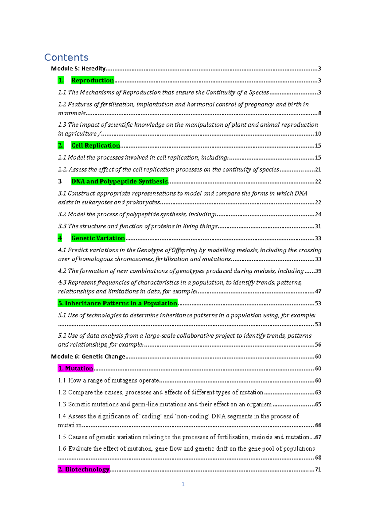 Biology HSC Module 5 & 6 Summary - Contents Module 5: - Studocu